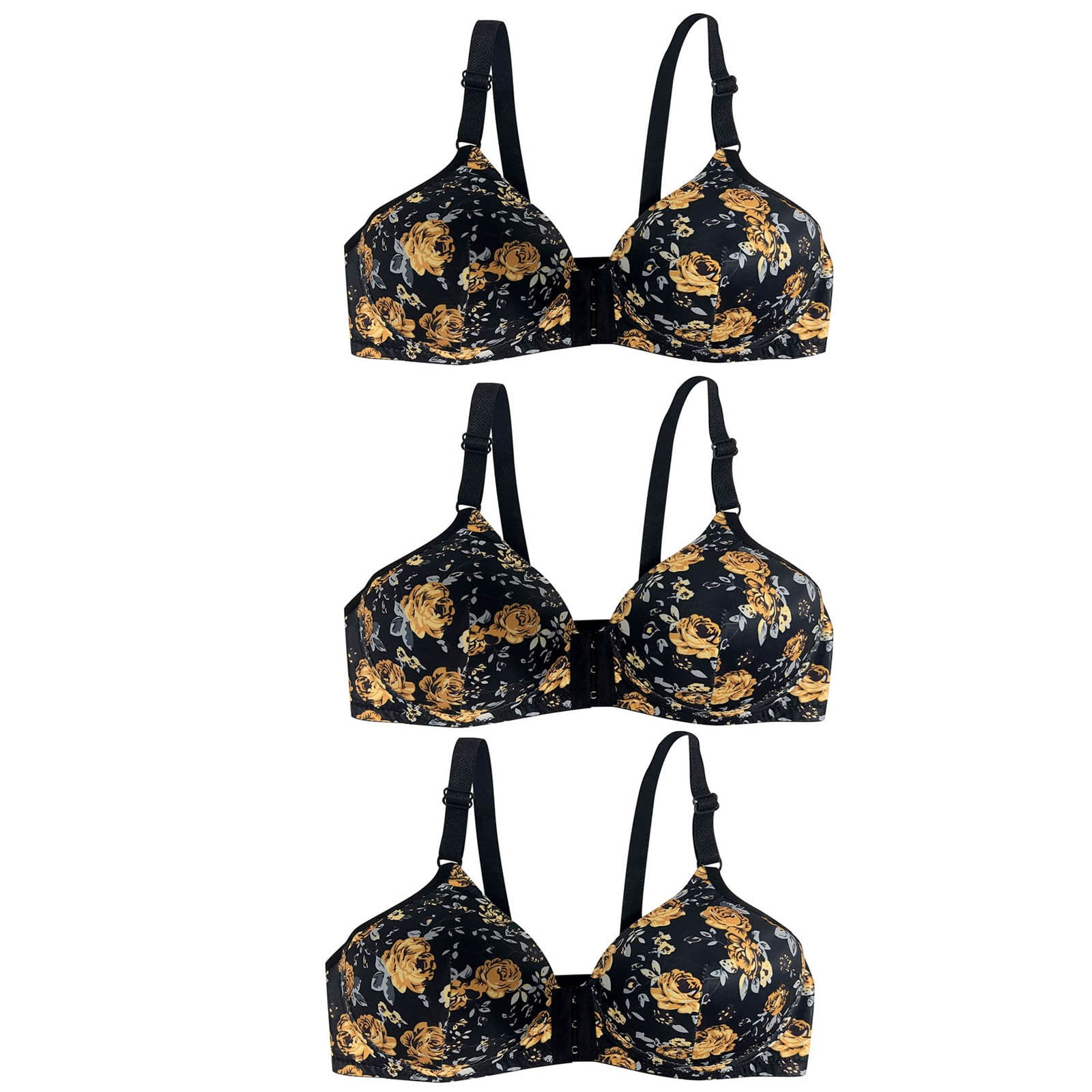 ATOYSOY 3Pc Plus Size Everyday Bra Floral Graphic Breathable Push Up Underwear Wireless Front ...