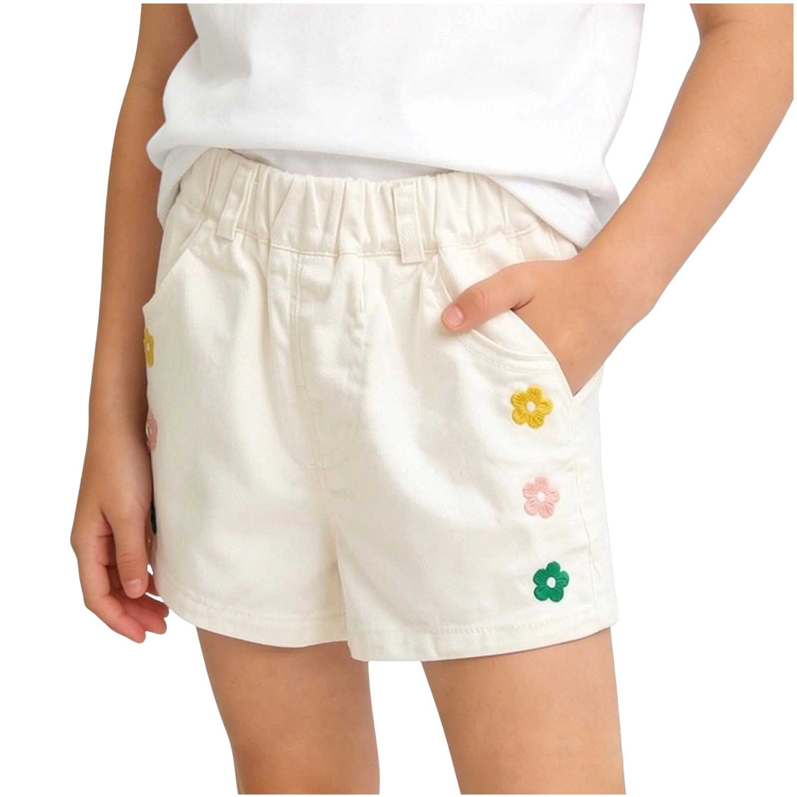 ATOYSOY Big Girls Solid Color Denim Shorts Elastic Waist With Floral ...