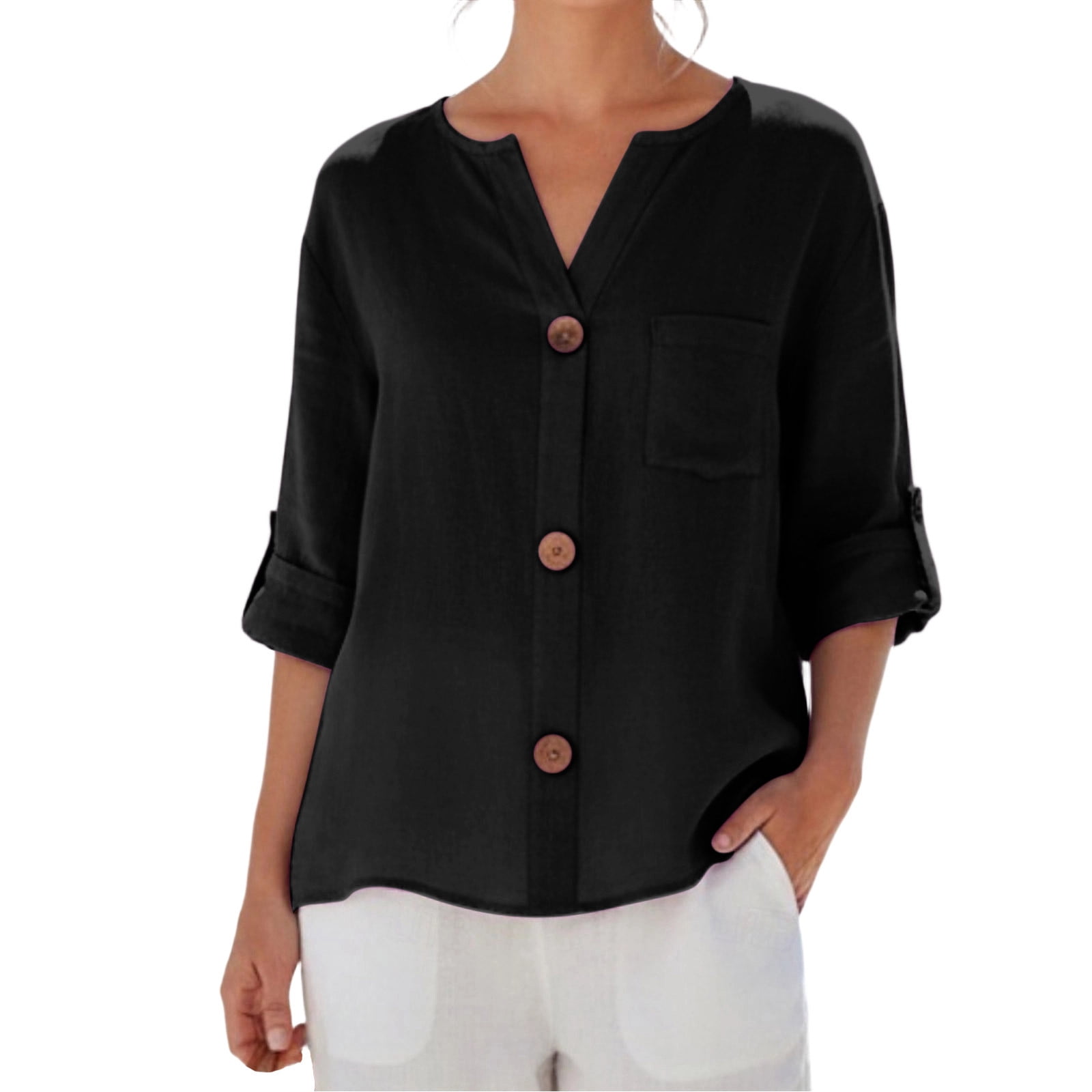 ATOYSOY Blouses For Women Business Casual Solid Color Split V Neck ...