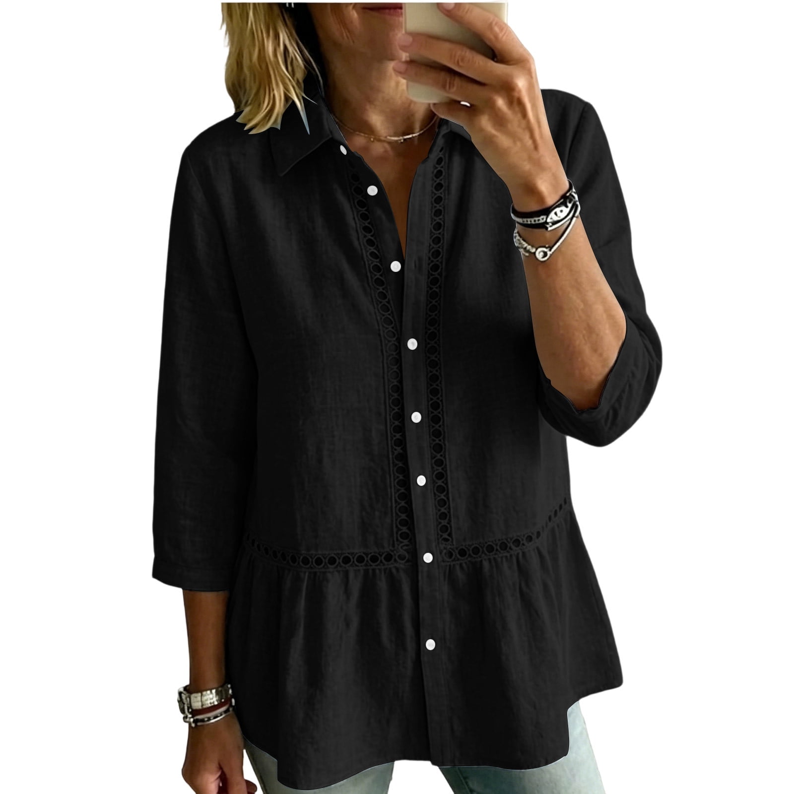 ATOYSOY Blouses For Women Trendy Solid Color Point Collar Hollow Cutout ...