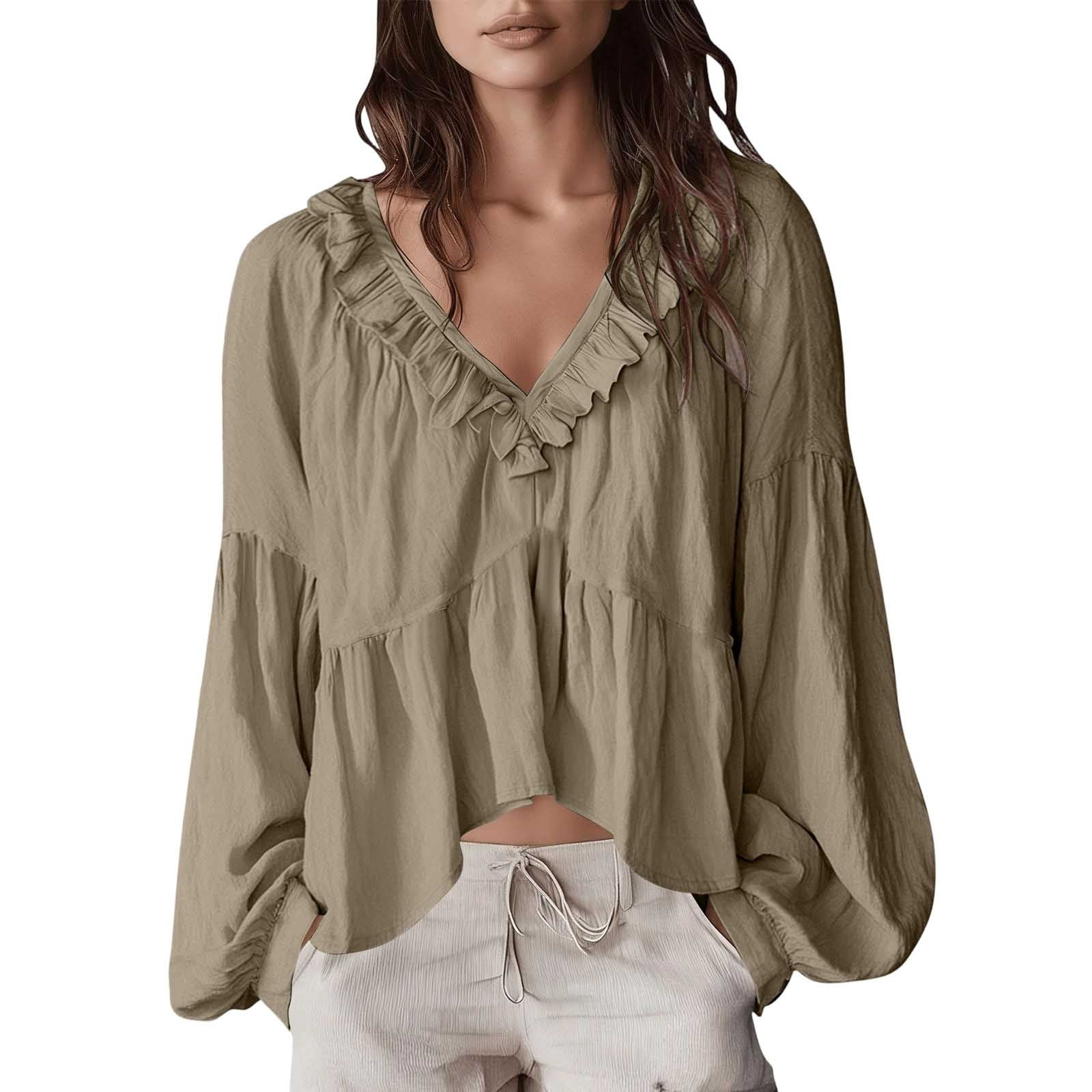 ATOYSOY Boho Ruffled V Neck Peplum Crop Tops Voluminous Long Sleeve ...
