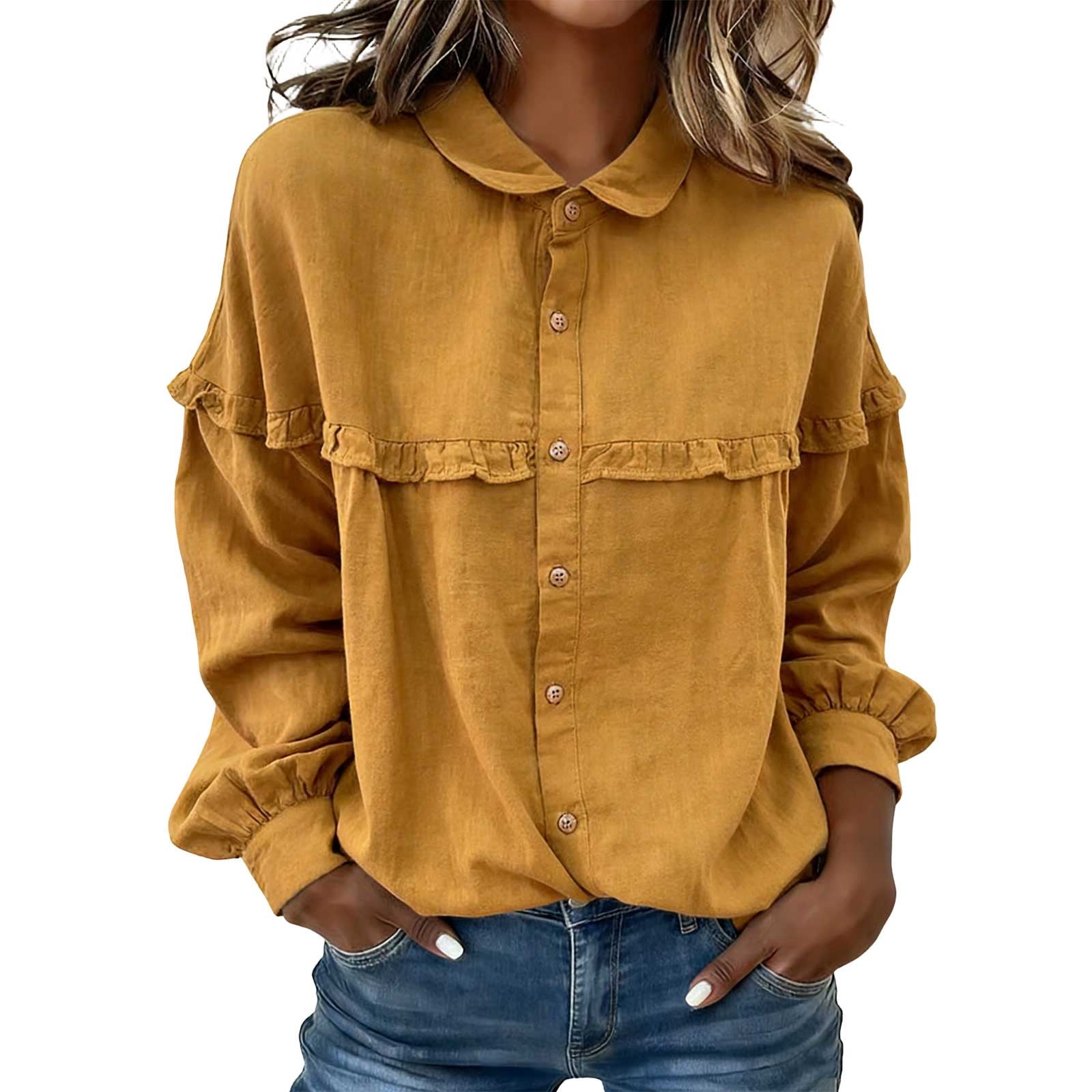 ATOYSOY Crinkle Textured Button Down Blouses Point Collar Chest Ruffle ...