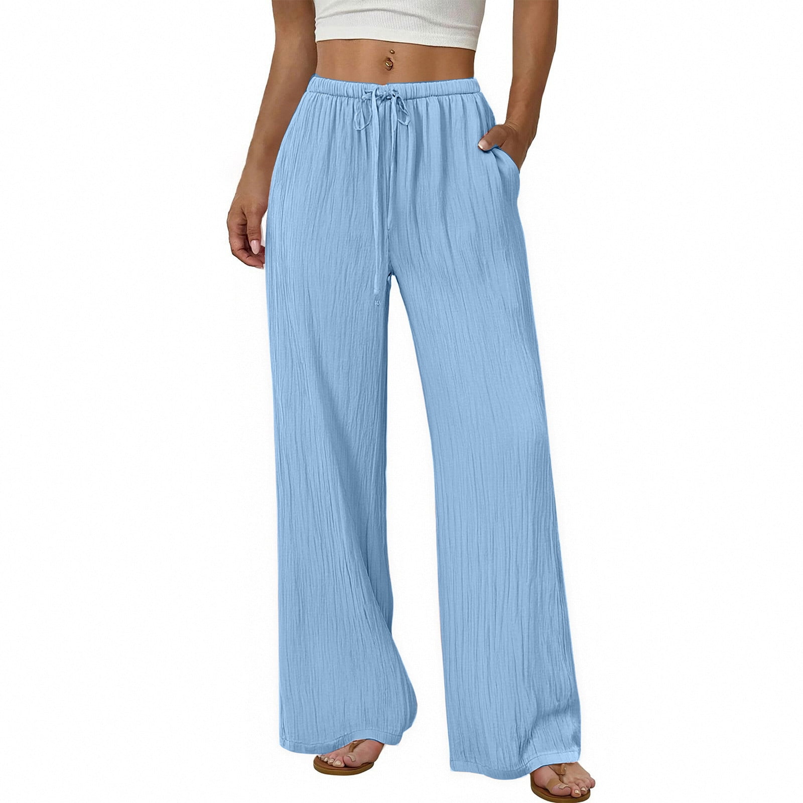 ATOYSOY Crinkled Textured Solid Color Wide Leg Pants Women Drawstring ...
