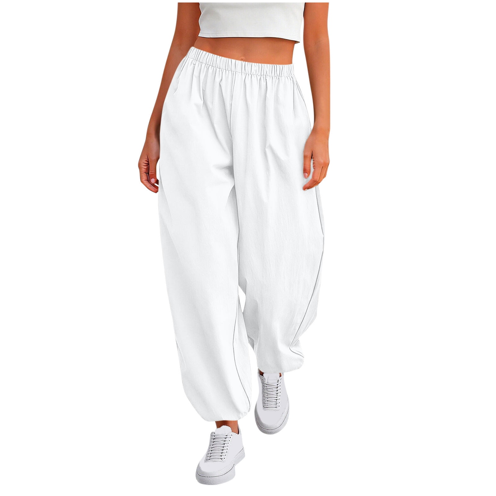 ATOYSOY Cuffed Ankle Solid Color Loose Tapered Pants Women Elastic ...