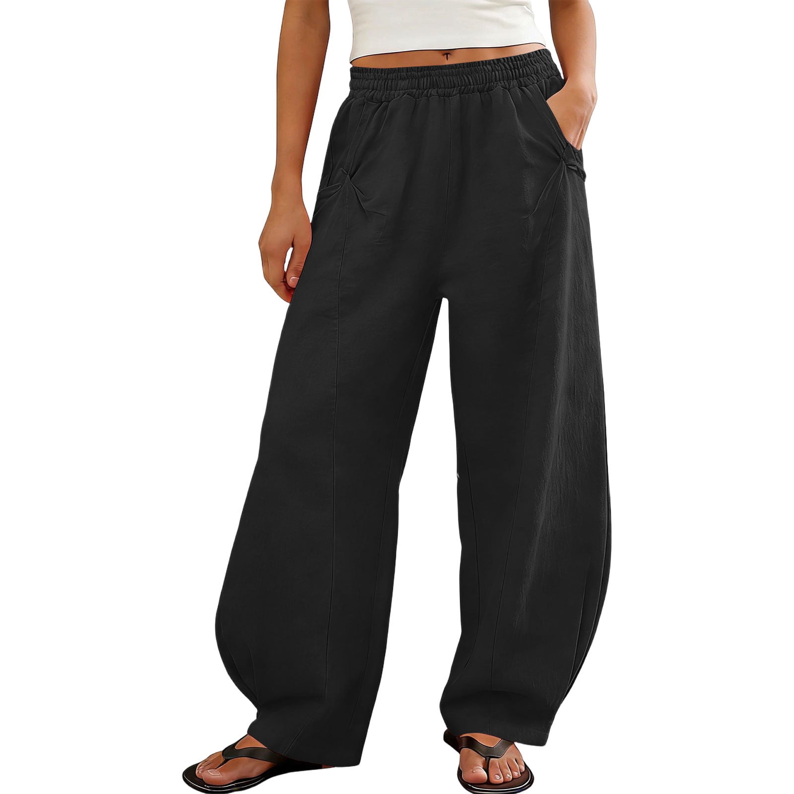 ATOYSOY Curved Patch Pocket Solid Color Linen Tapered Pants Women ...