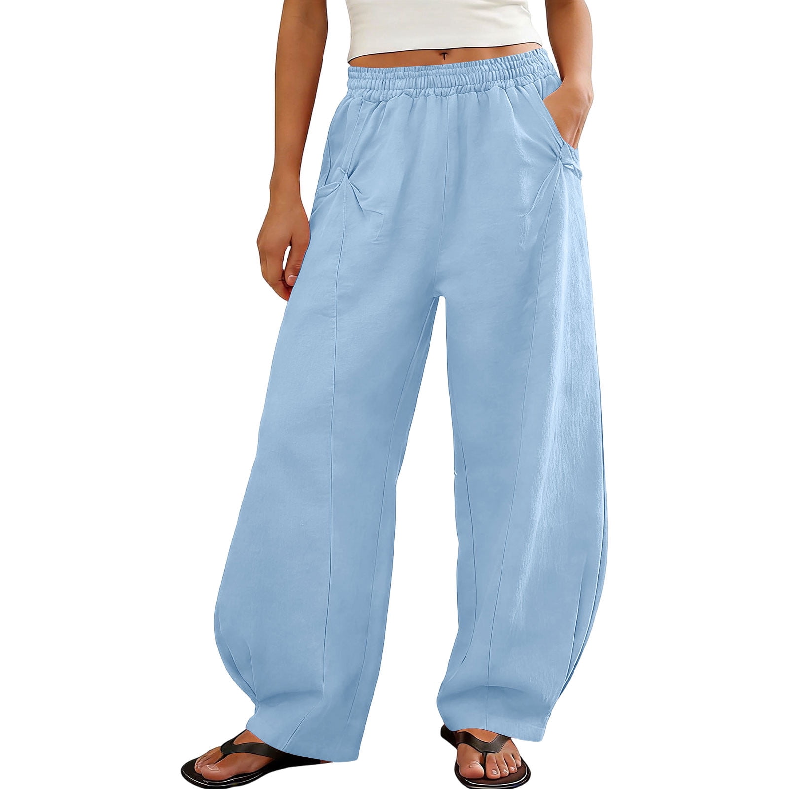 ATOYSOY Curved Patch Pocket Solid Color Linen Tapered Pants Women ...