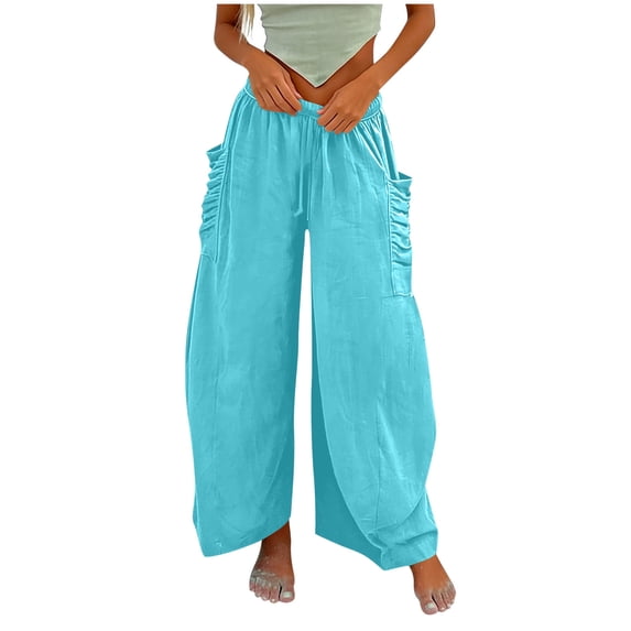 ATOYSOY Drawstring Elastic Waist Relaxed Wide Leg Pants Women Ruched ...