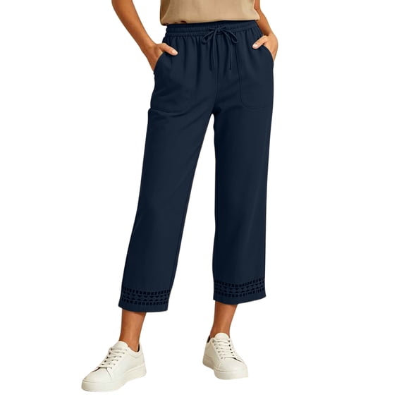 ATOYSOY Elastic Drawstring Waist Cropped Pants For Women Solid Color ...