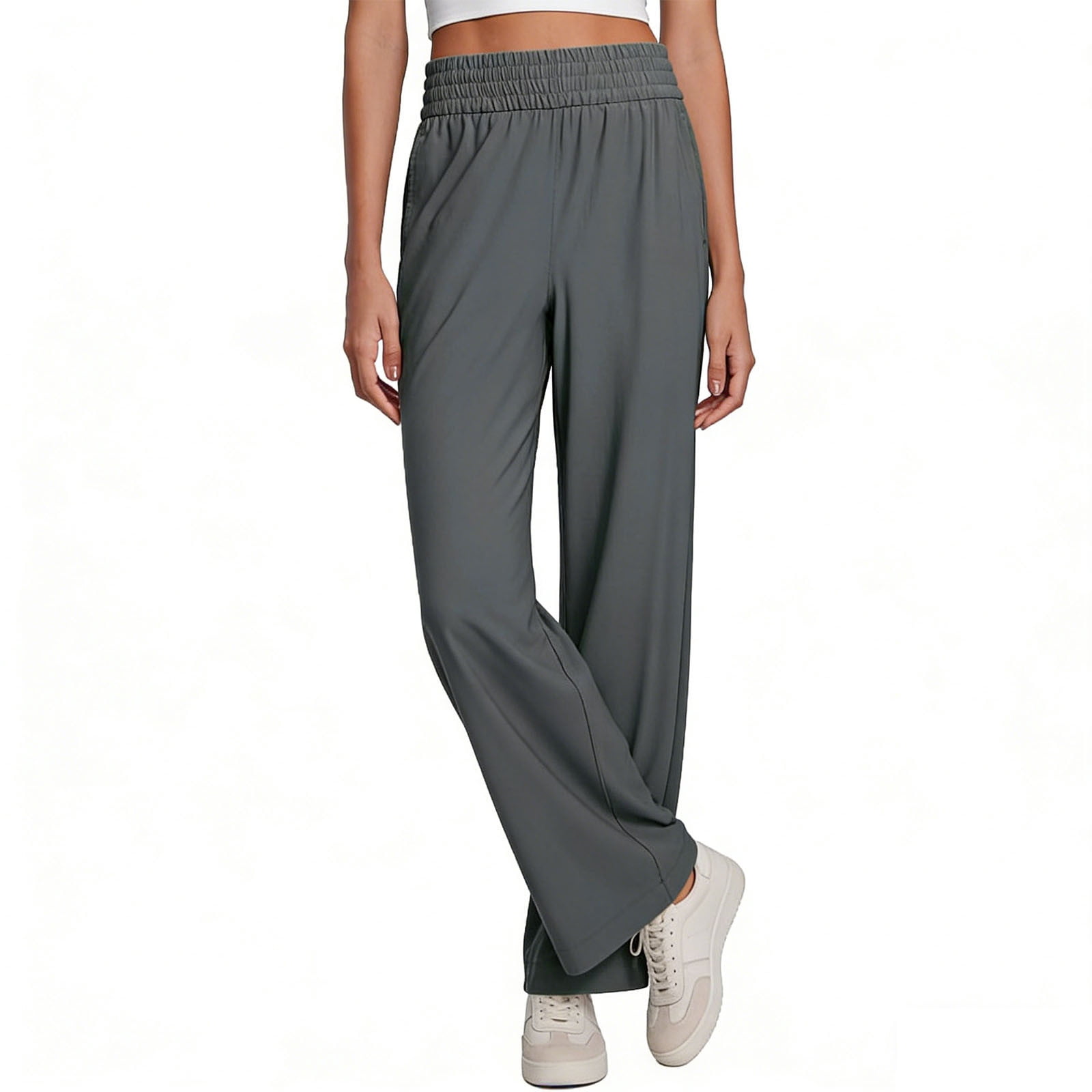 ATOYSOY Elastic Waist Solid Color Sleek Wide Leg Work Pants Women Loose ...