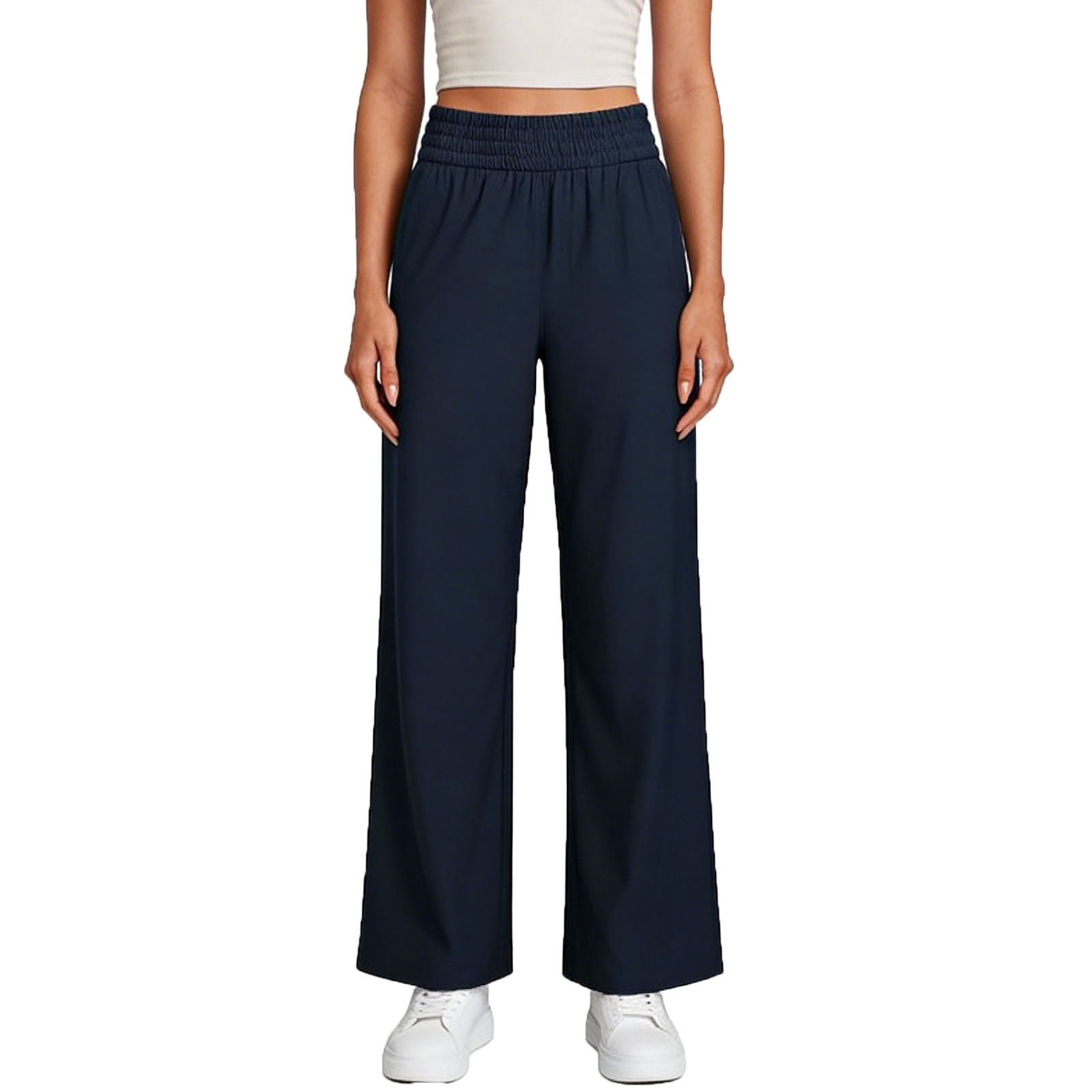 ATOYSOY Elastic Waist Solid Color Sleek Wide Leg Work Pants Women Loose ...