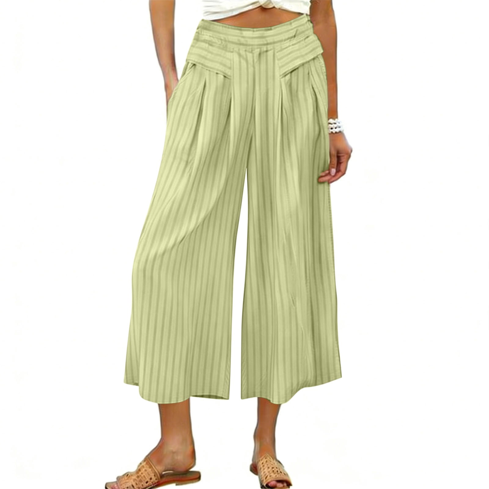 ATOYSOY Fine Stripe Print Cropped Pants Women Pleated Waist Side Inseam ...