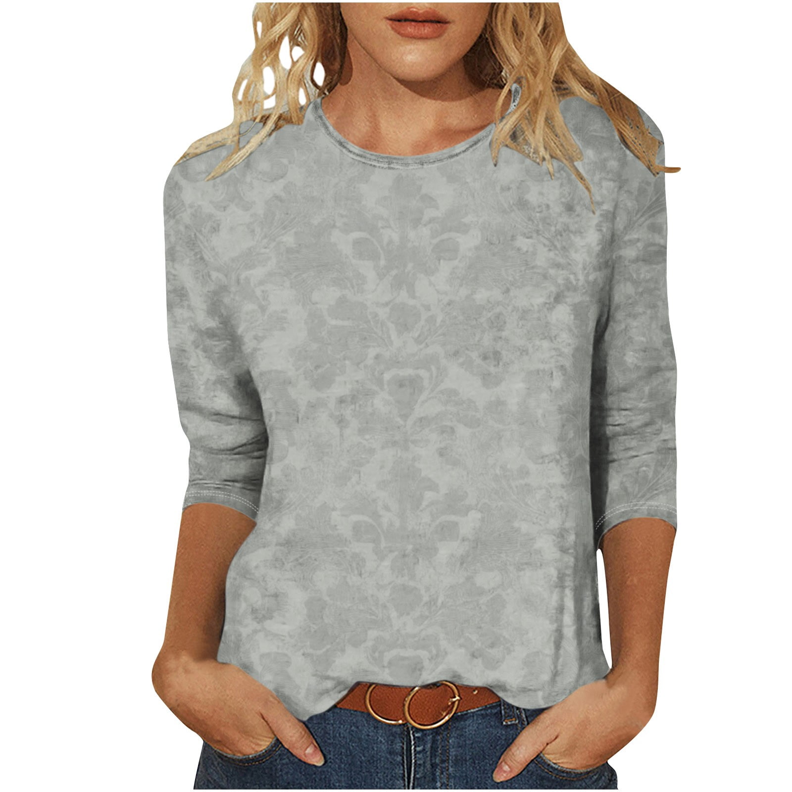 ATOYSOY Floral Damask Print 3/4 Sleeve Tops Crew Neck Loose Fitted ...