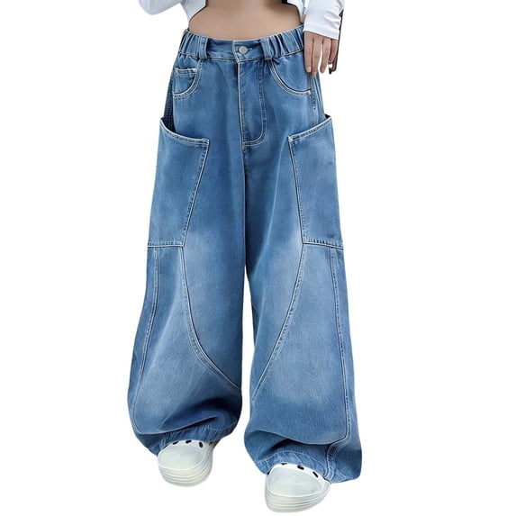 ATOYSOY Girls Big Pocket Cargo Wide Leg Jeans Elastic Waist High ...