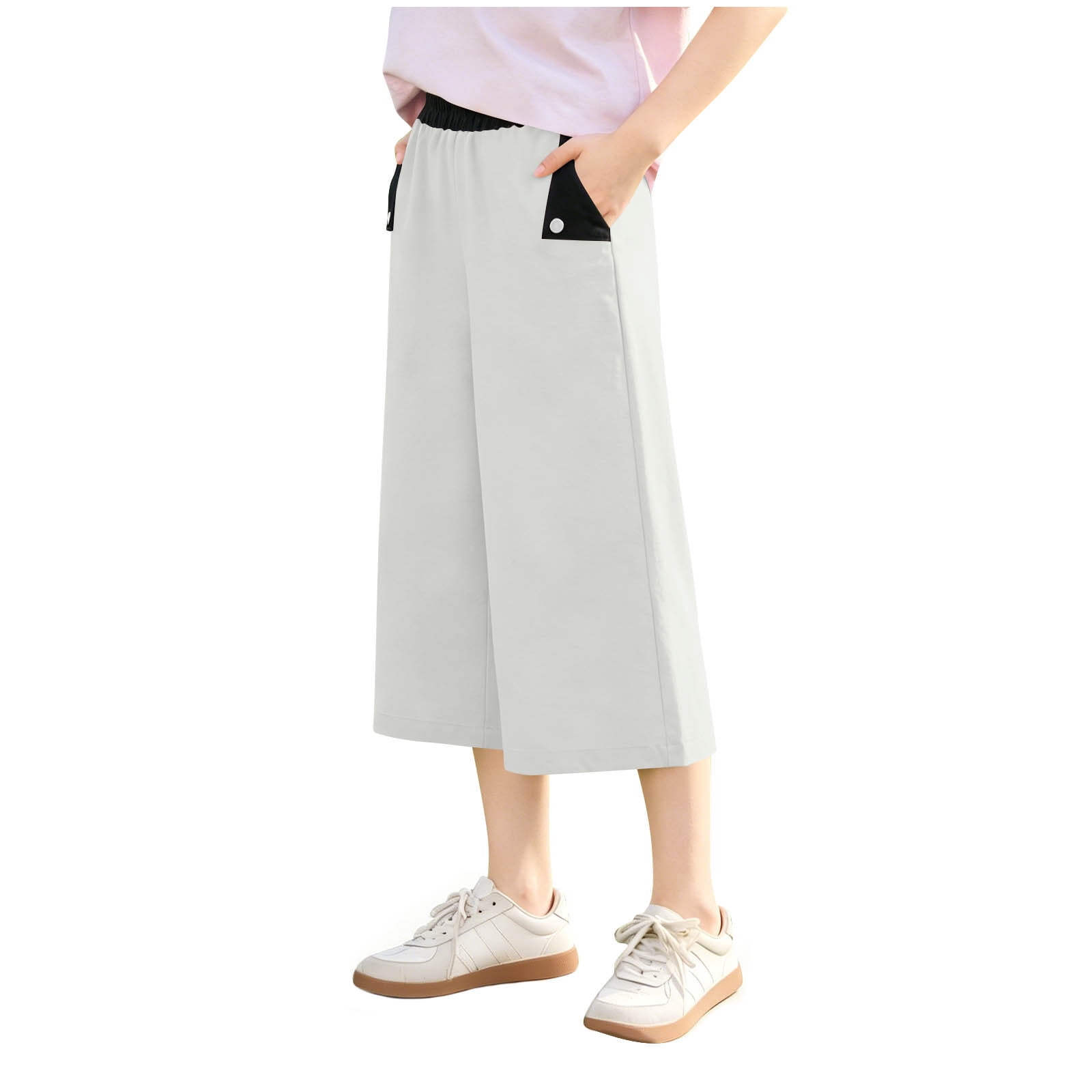 ATOYSOY Girls Elastic Waist Cropped Wide Leg Pants Color Contrast ...