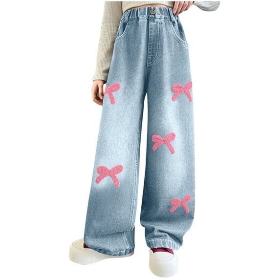 ATOYSOY Girls Raised Bow Wide Leg Denim Pants Elastic Waist Casual ...