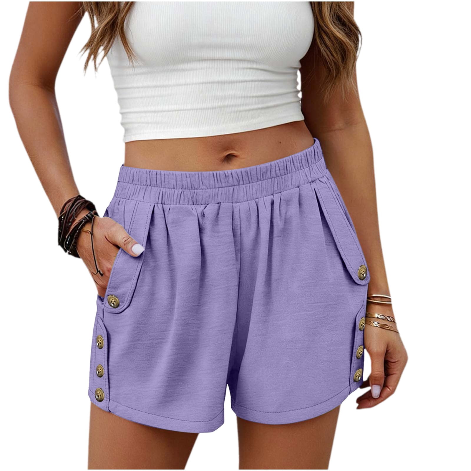 ATOYSOY High Elastic Waist Side Metal Button Shorts For Women Solid ...