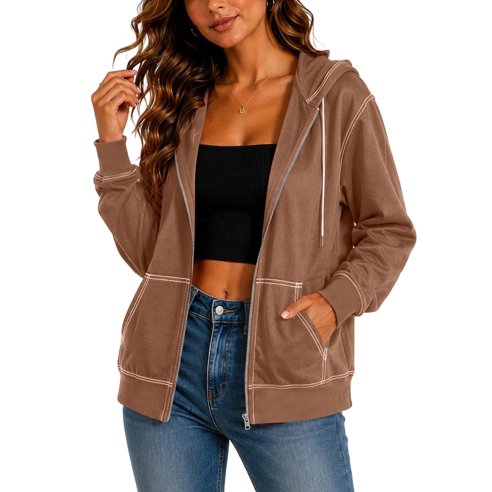 ATOYSOY Hoodies For Women Zip Up Drawstring Contrast Seaming Long ...