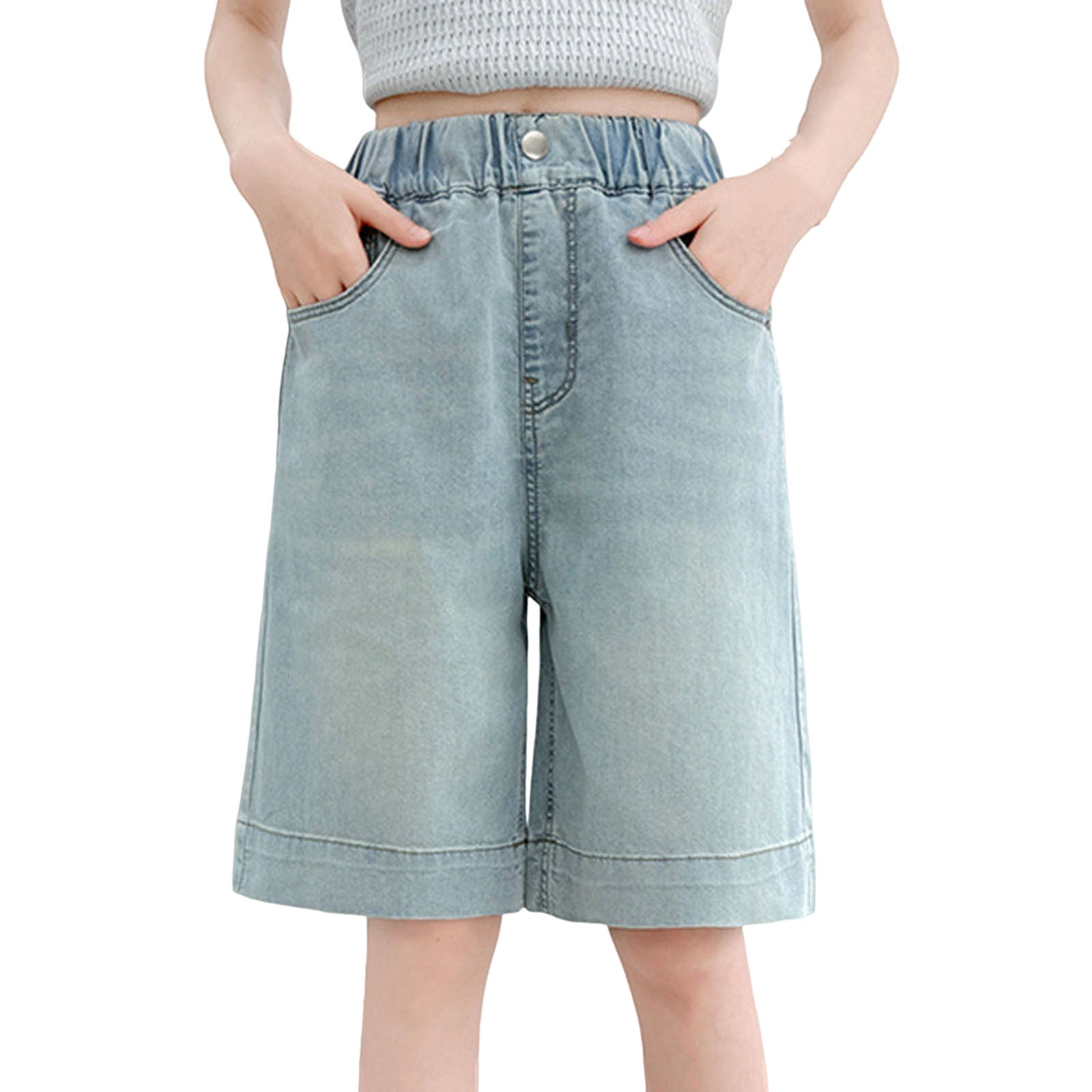 ATOYSOY Kids Elastic Waist Wide Leg Jean Shorts Girls High Waist Denim ...