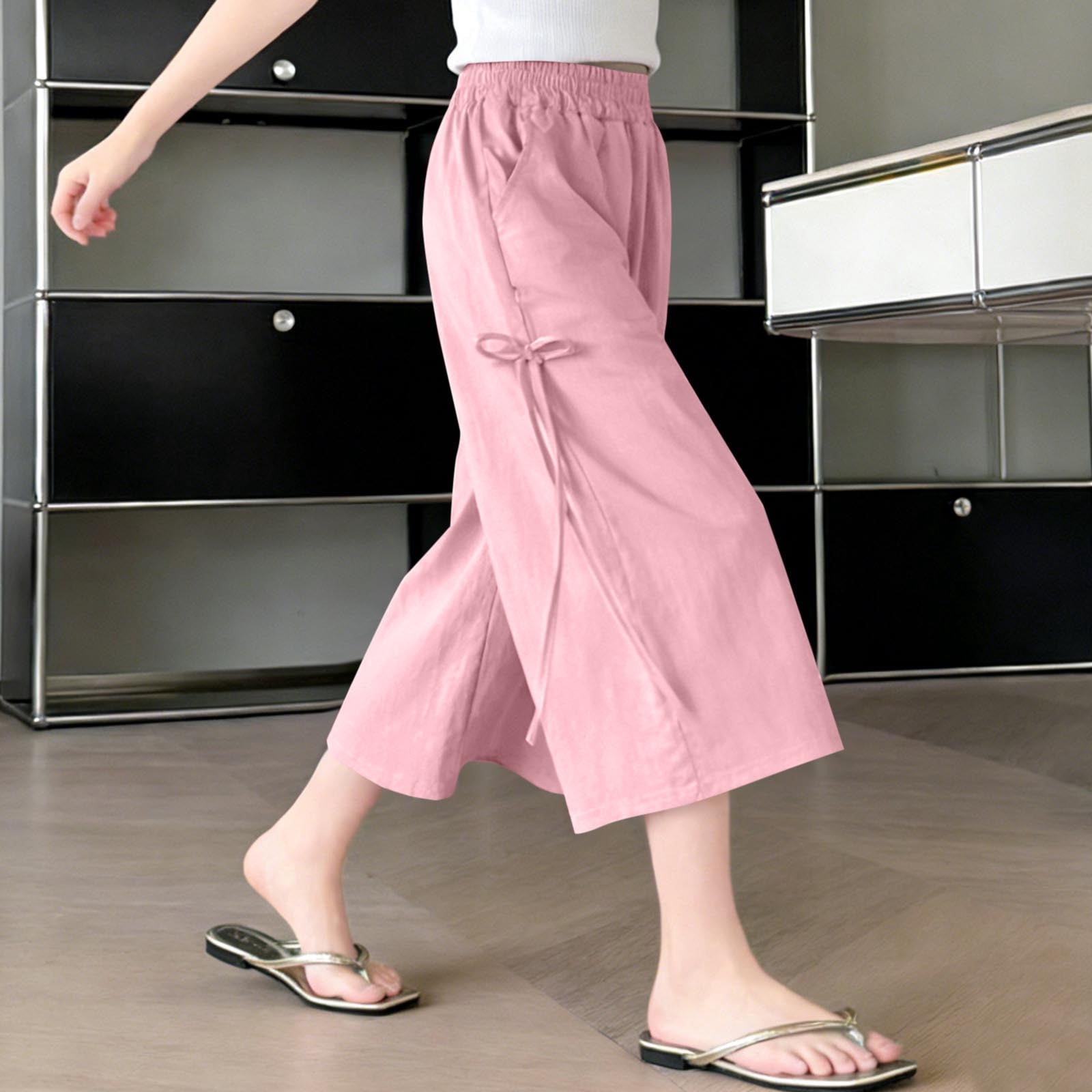 ATOYSOY Kids Girls Casual Cropped Wide Leg Pants Elastic Waist Beige ...