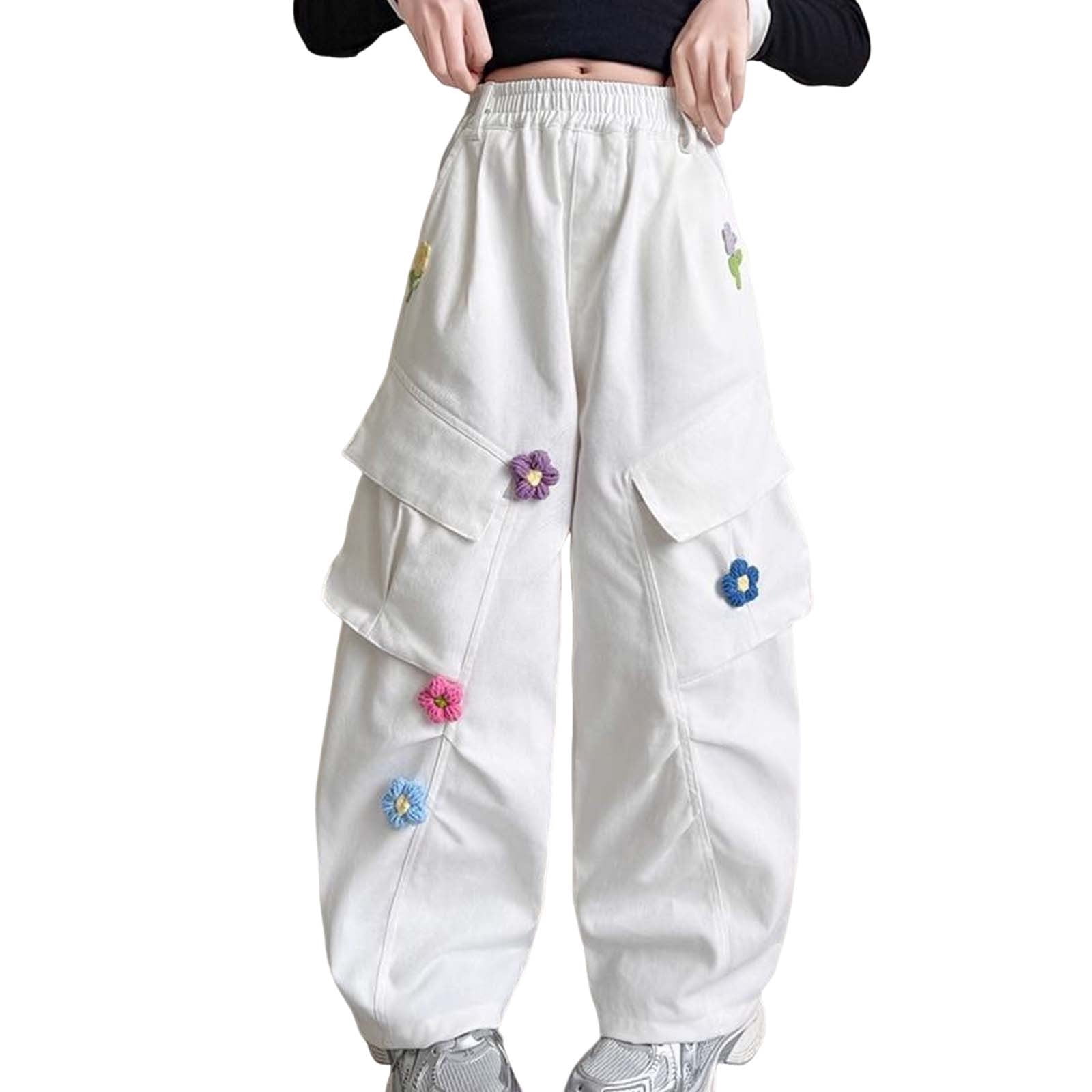 ATOYSOY Kids Girls Cute Floral Cargo Pants Elastic Waist Wide Leg ...