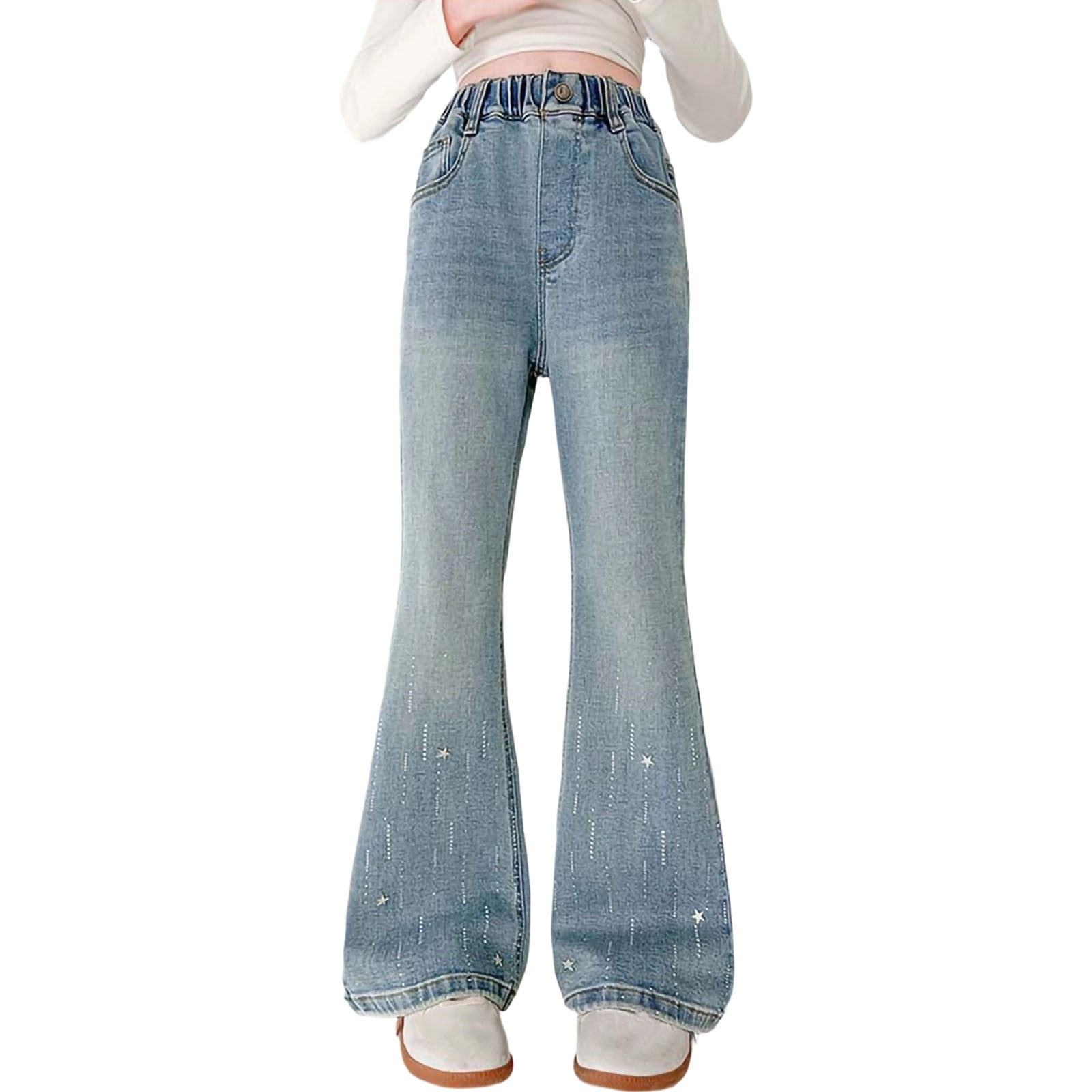 ATOYSOY Kids Girls Trendy Light Blue Denim Flare Trousers Elastic Waist ...