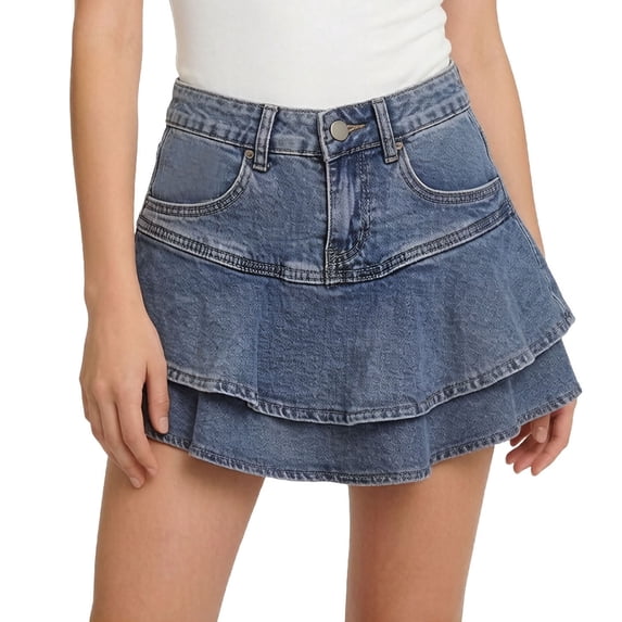 ATOYSOY Kids High Waist Ruffled Jean Skort Girls Layered Denim Skirt ...