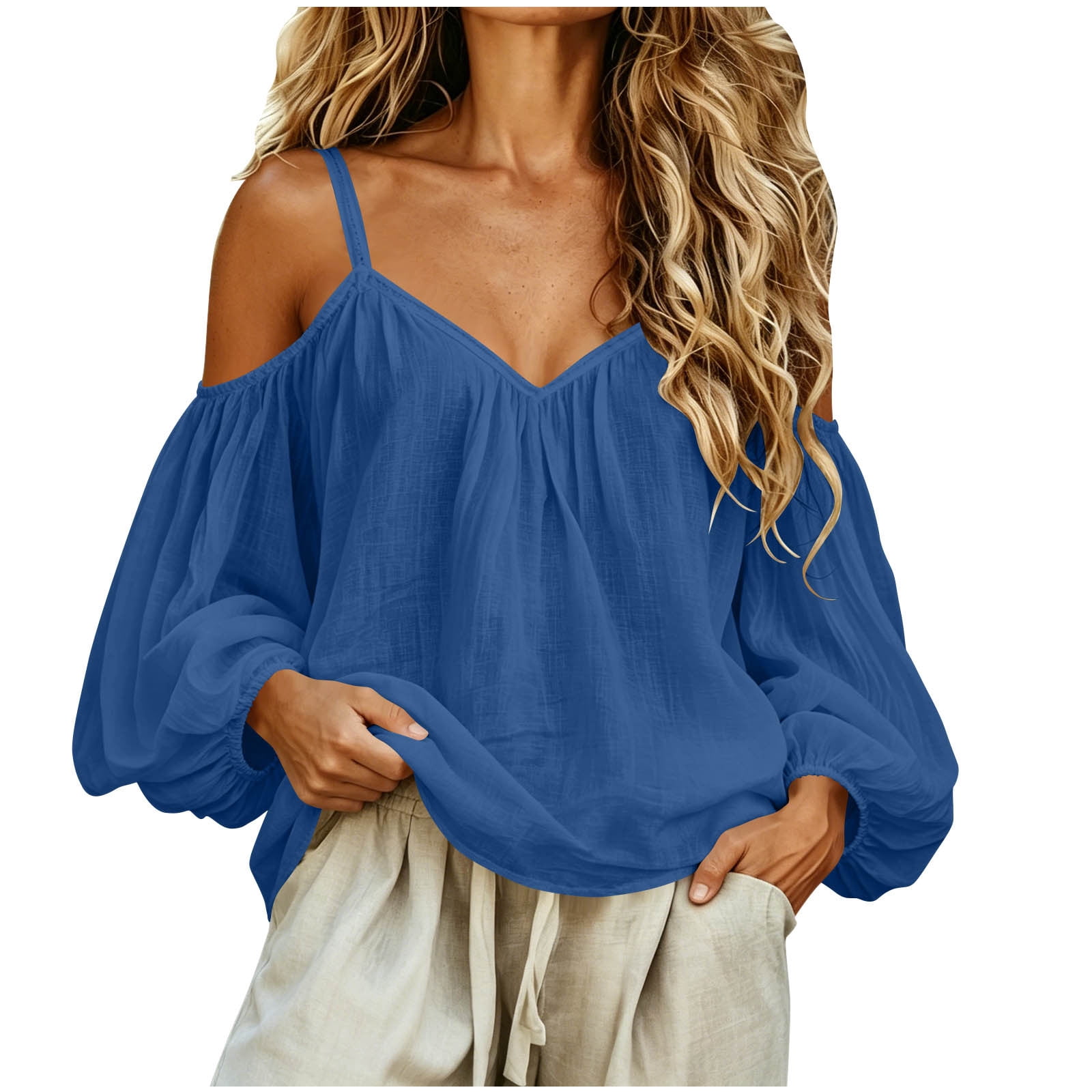 ATOYSOY Ladies Cold Shoulder Strap Deep V Neck Puff Sleeve Tops Long ...