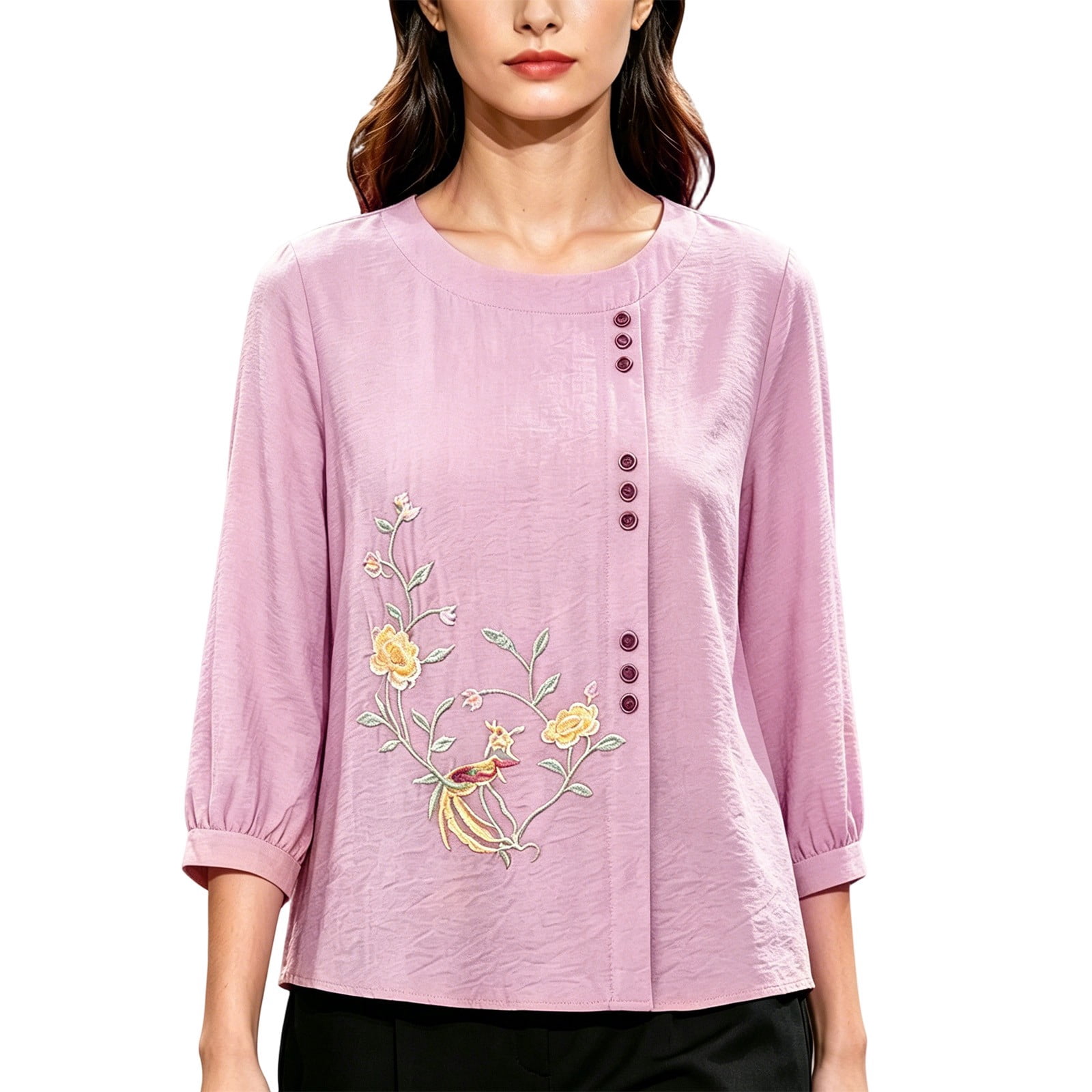 ATOYSOY Ladies Crew Neck Ethnic Floral Embroidery Tops 3/4 Puff Sleeve ...