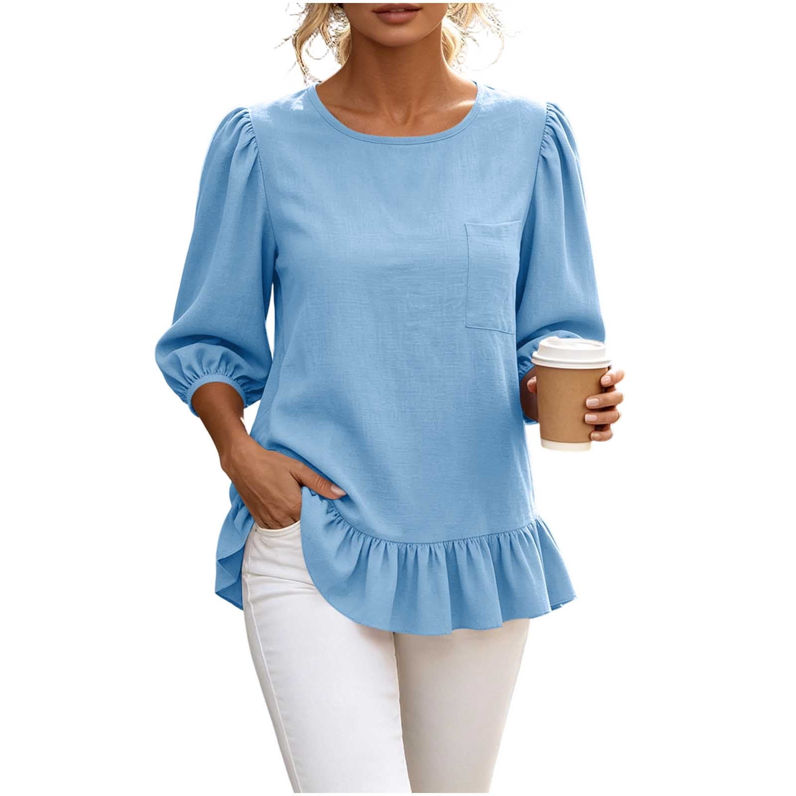 ATOYSOY Ladies Crew Neck Puff Sleeve 3/4 Patch Pocket Tops Flounce Hem ...