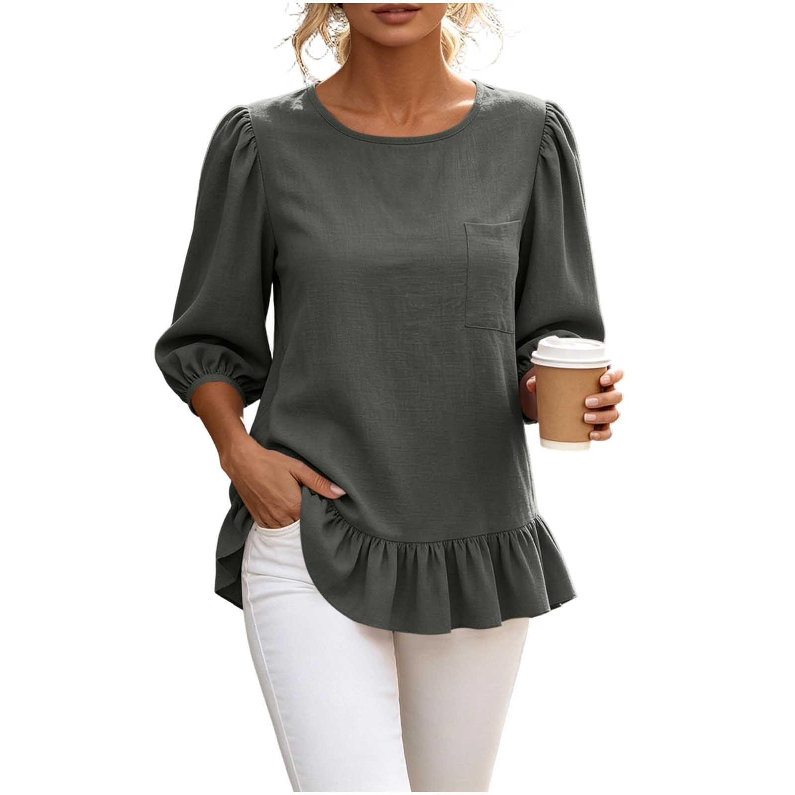 ATOYSOY Ladies Crew Neck Puff Sleeve 3/4 Patch Pocket Tops Flounce Hem ...