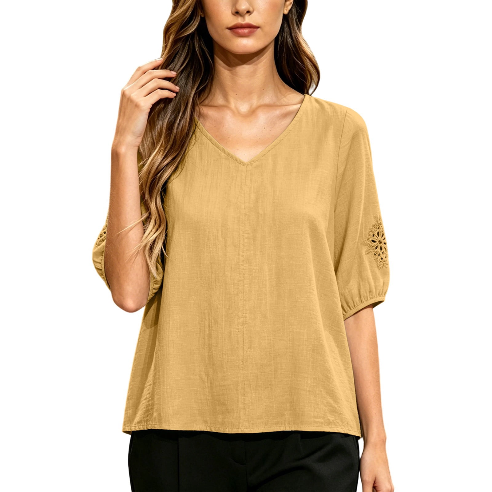 ATOYSOY Ladies Deep V Neck Eyelet Embroidery Volume Sleeve Tops 3/4 ...