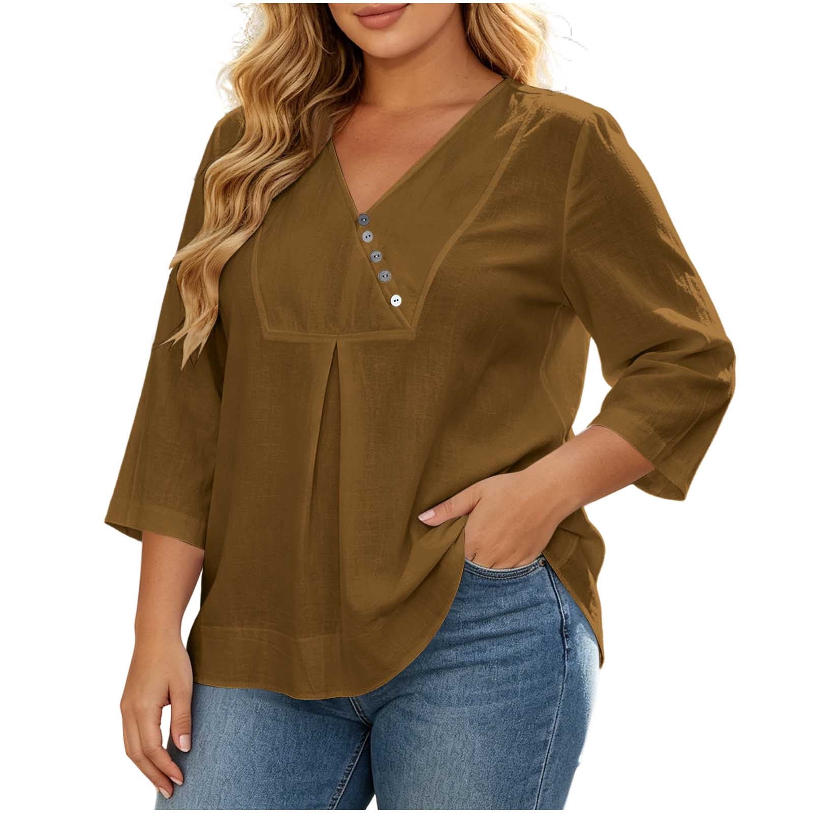 ATOYSOY Ladies Deep V Neck Half Placket Tops 3/4 Length Sleeve Textured ...