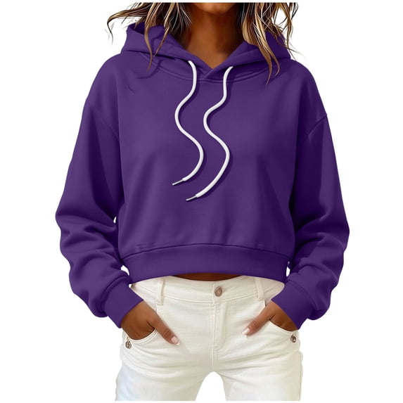 ATOYSOY Ladies Oversized Crop Hooded Pullover Contrast White Drawstring ...