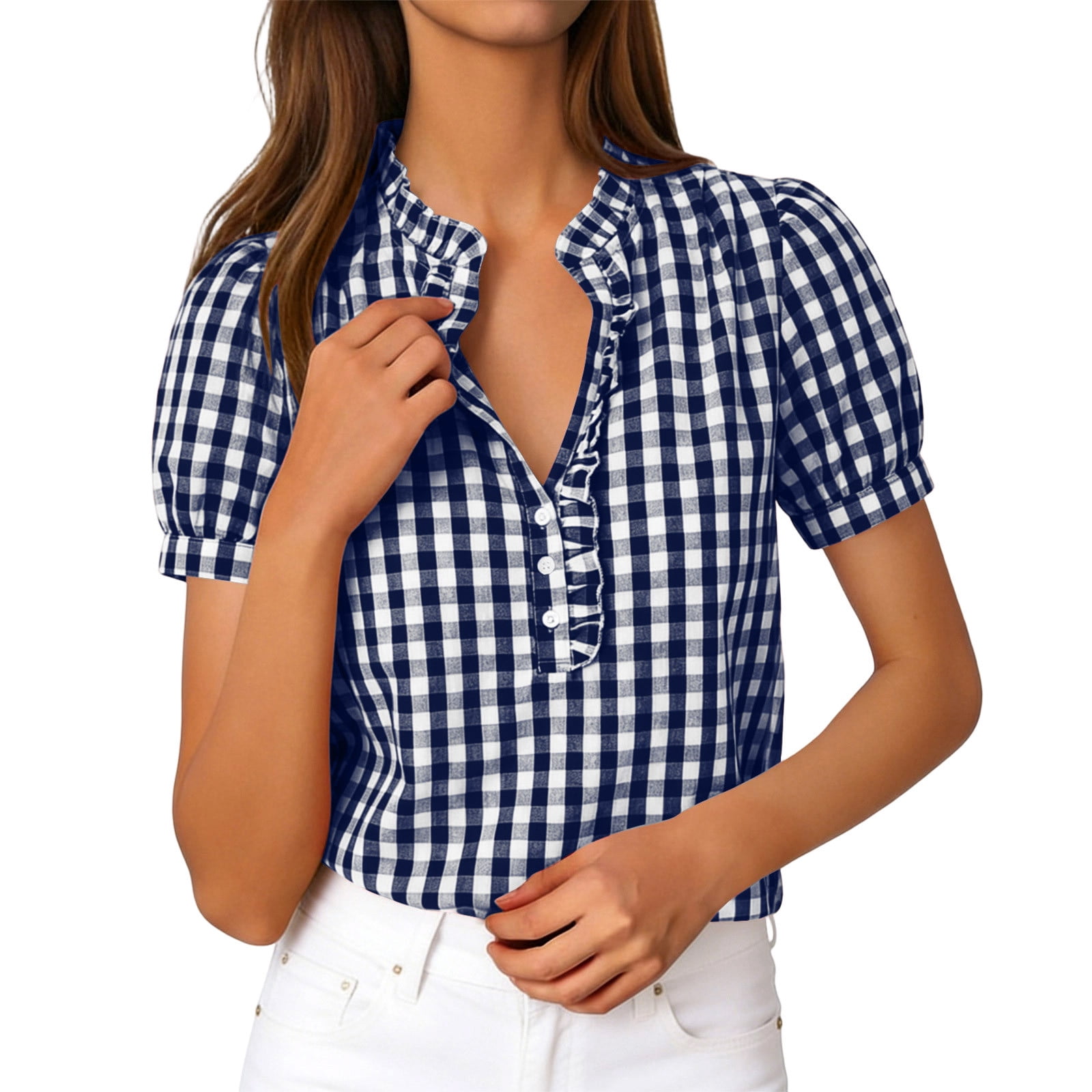ATOYSOY Ladies Plaid Ruffle Hem Half Open Collar Blouse Short Puff ...