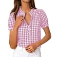 ATOYSOY Ladies Plaid Ruffle Hem Half Open Collar Blouse Short Puff ...