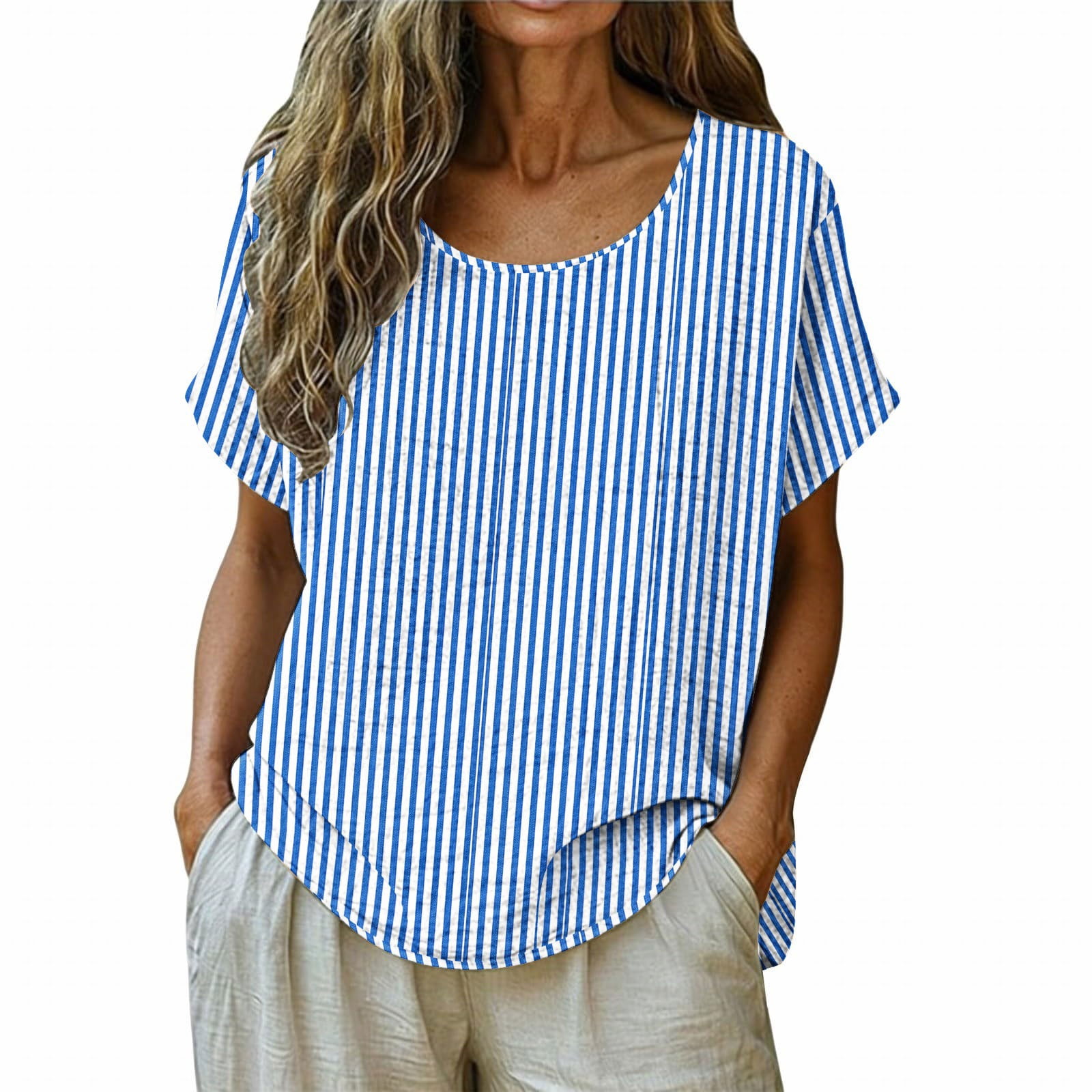 ATOYSOY Ladies Round Neck Striped Roll Tops Short Sleeve Curved Hem ...