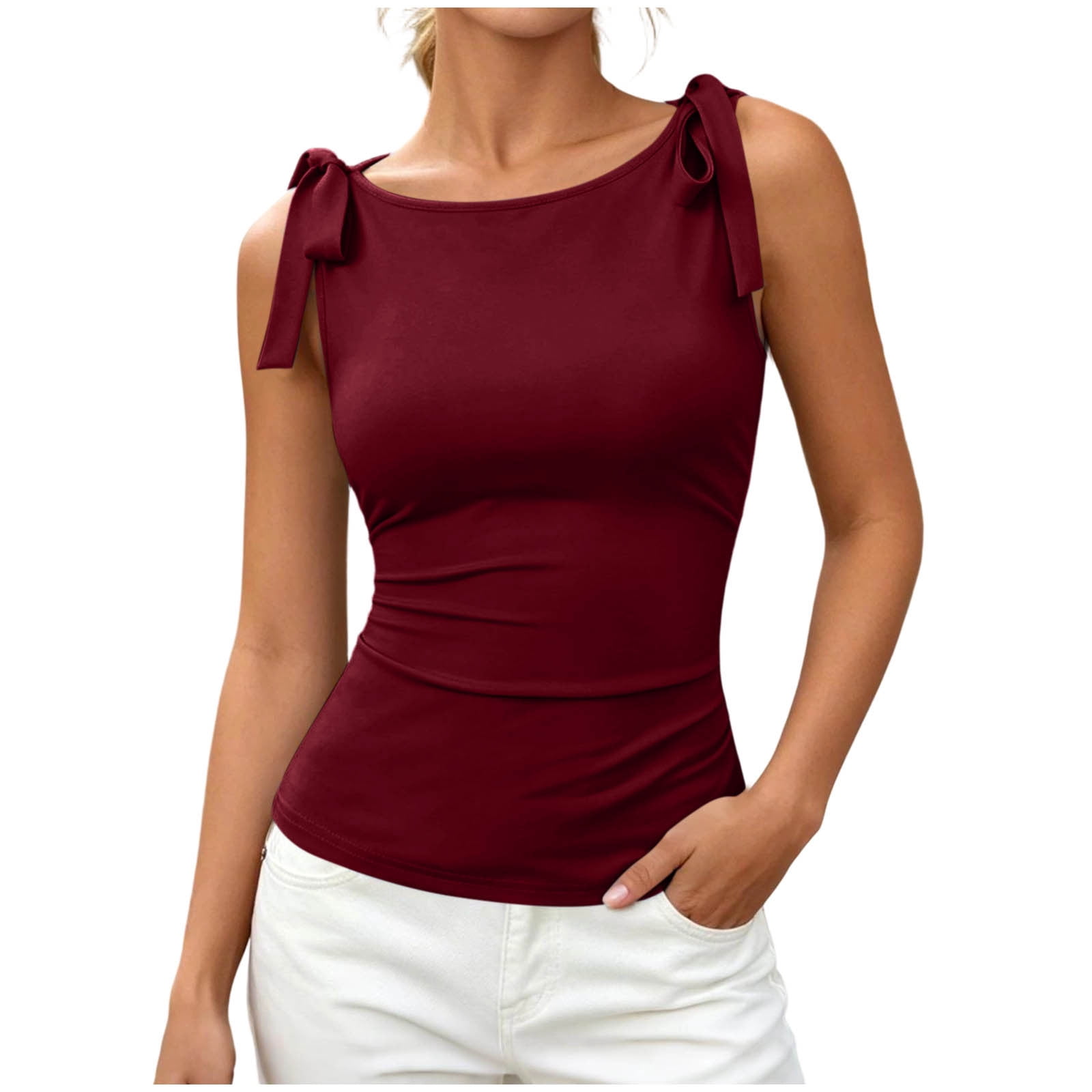 ATOYSOY Ladies Round Tied Shoulder Strap Tops Sleeveless Side Ruched ...