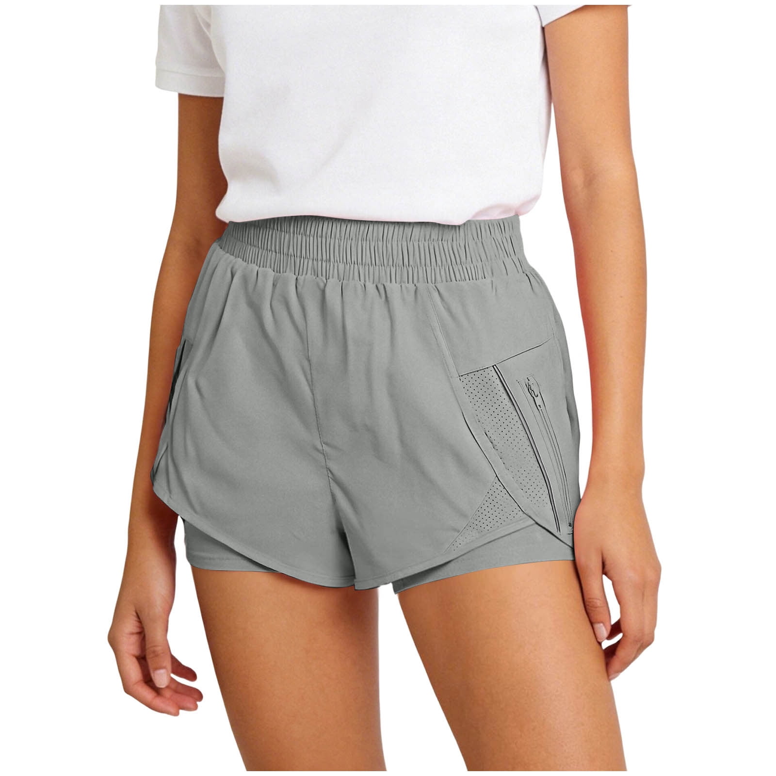 ATOYSOY Mesh Zipper Pocket 2 Layer Active Shorts For Women Solid Color ...