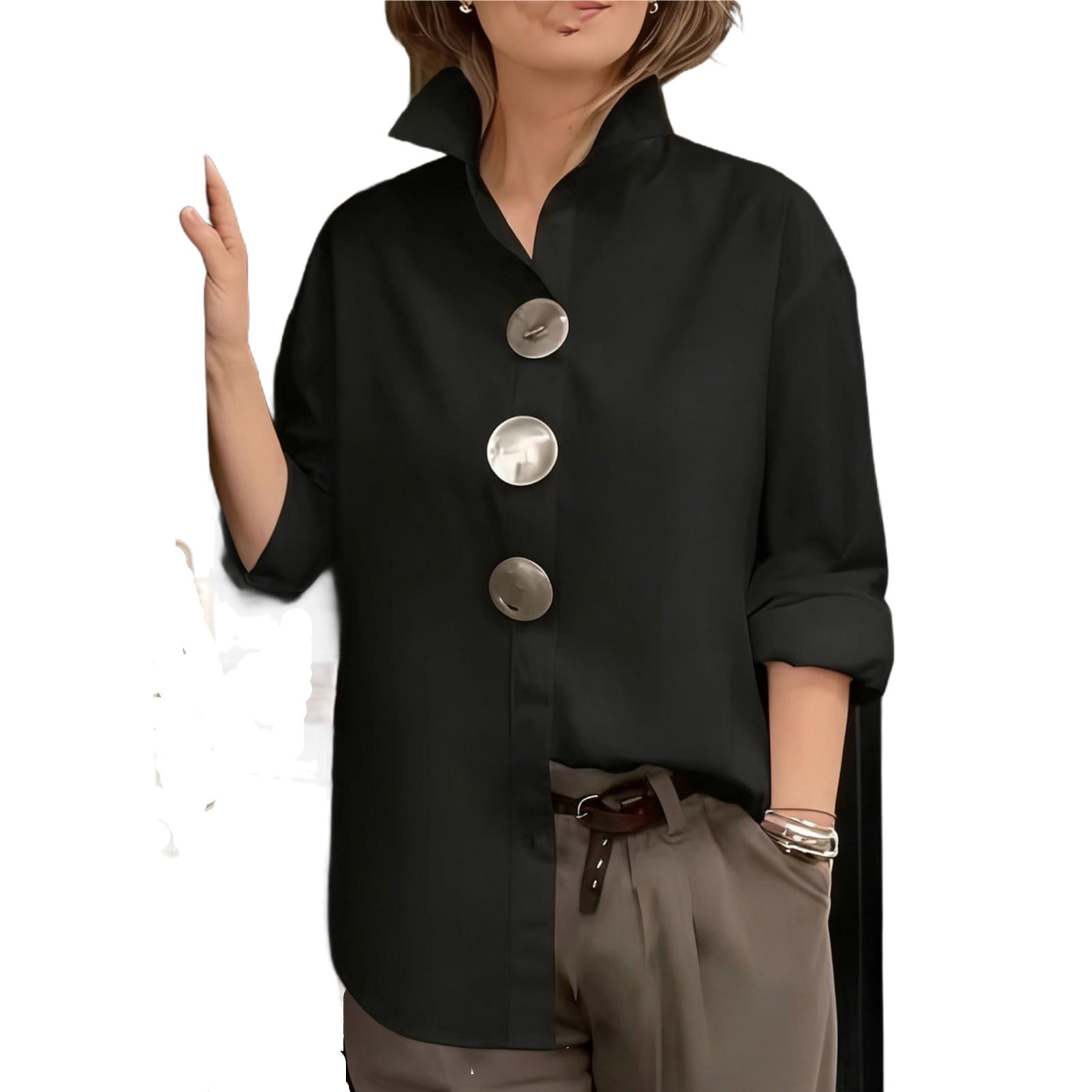 ATOYSOY Oversized Button Down Blouses Point Collar Big Statement Metal ...