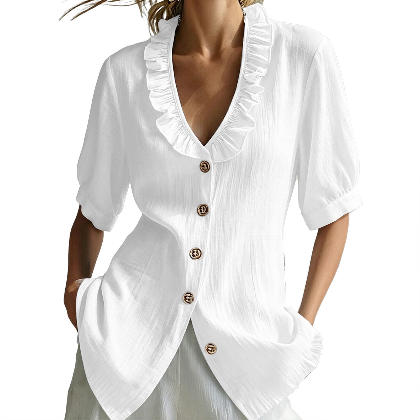 ATOYSOY Ruffle Banding V Neck Blouses For Women Short Sleeve Button ...