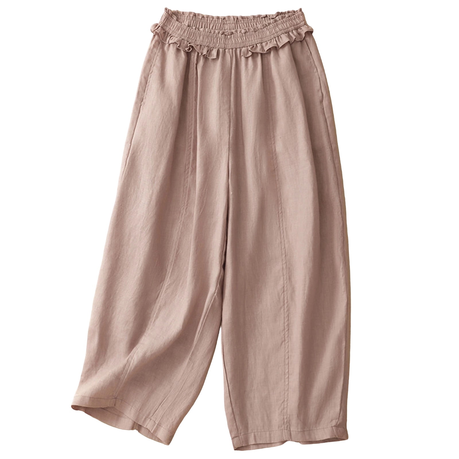 ATOYSOY Ruffled Waist Solid Color Cropped Linen Pants Women Elastic ...