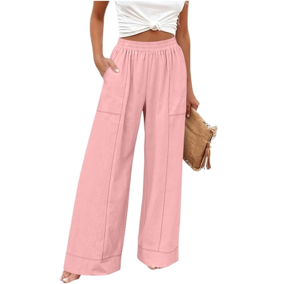 ATOYSOY Stitched Patch Pocket Linen Wide Leg Pants Women Elastic ...