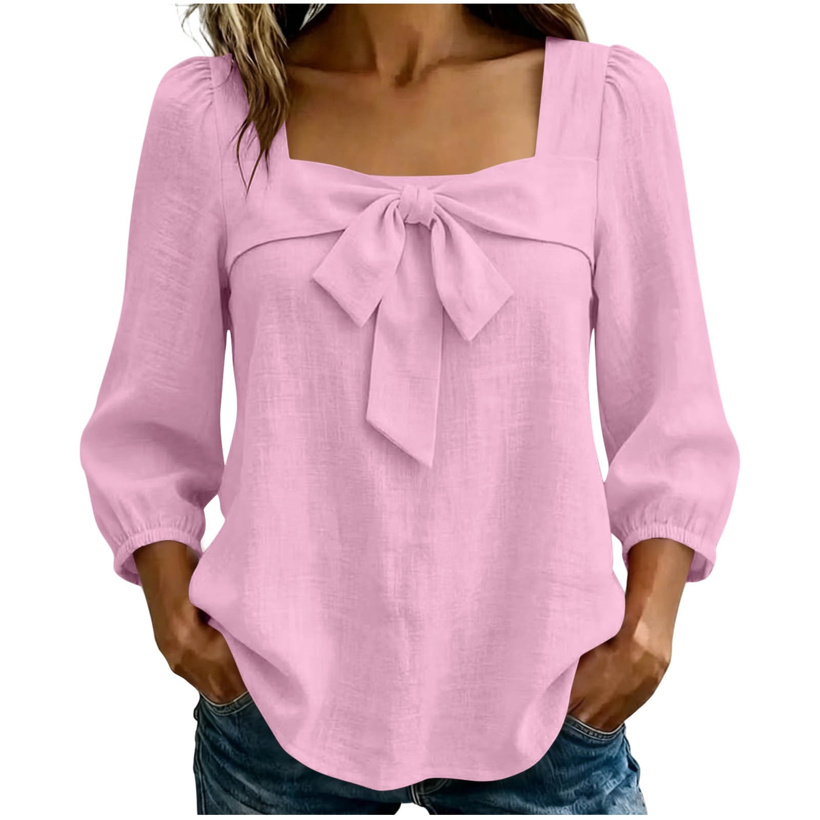 ATOYSOY Summer Blouses For Women Solid Color Geometric Neck Front Bow ...