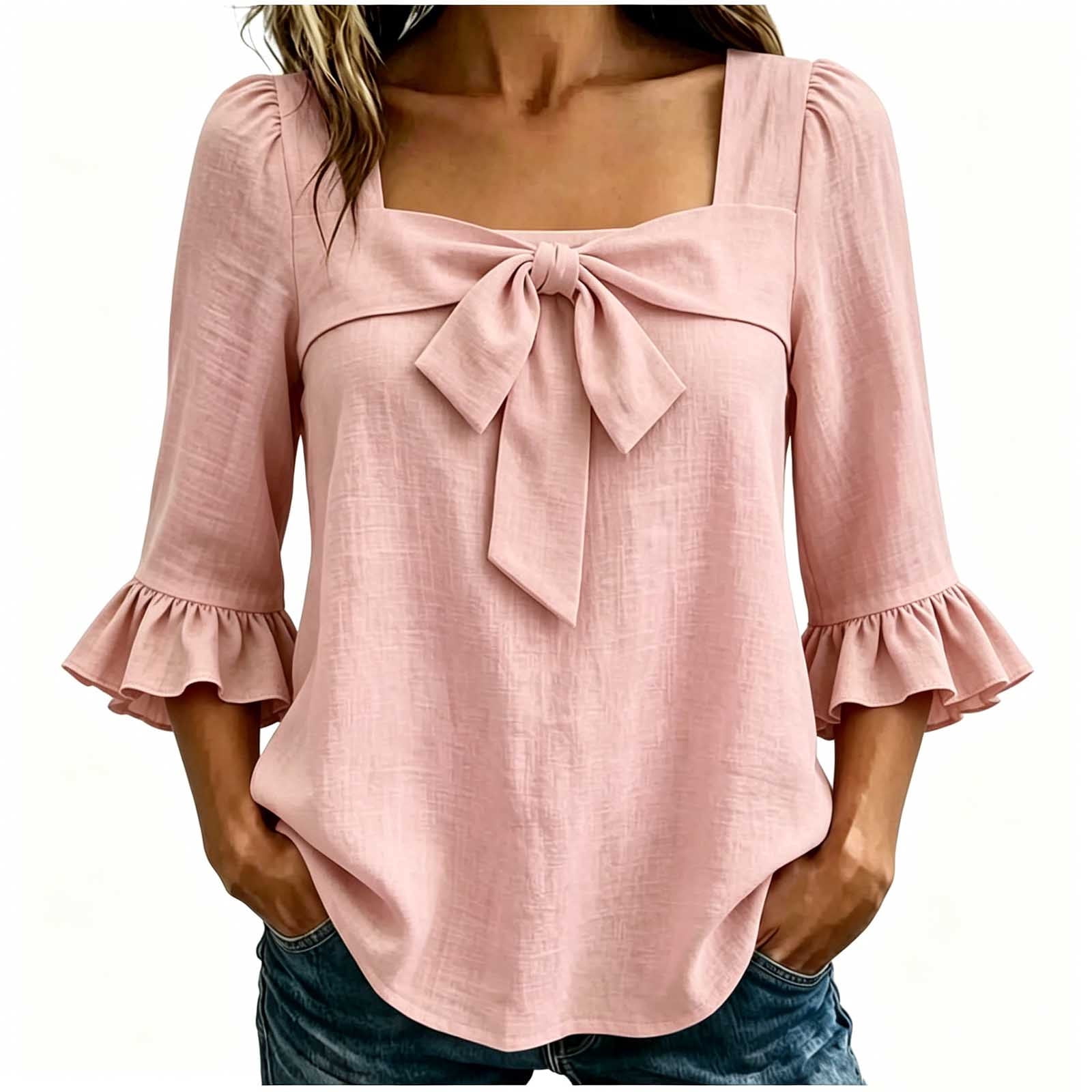 ATOYSOY Summer Blouses For Women Solid Color Geometric Neck Front Bow ...