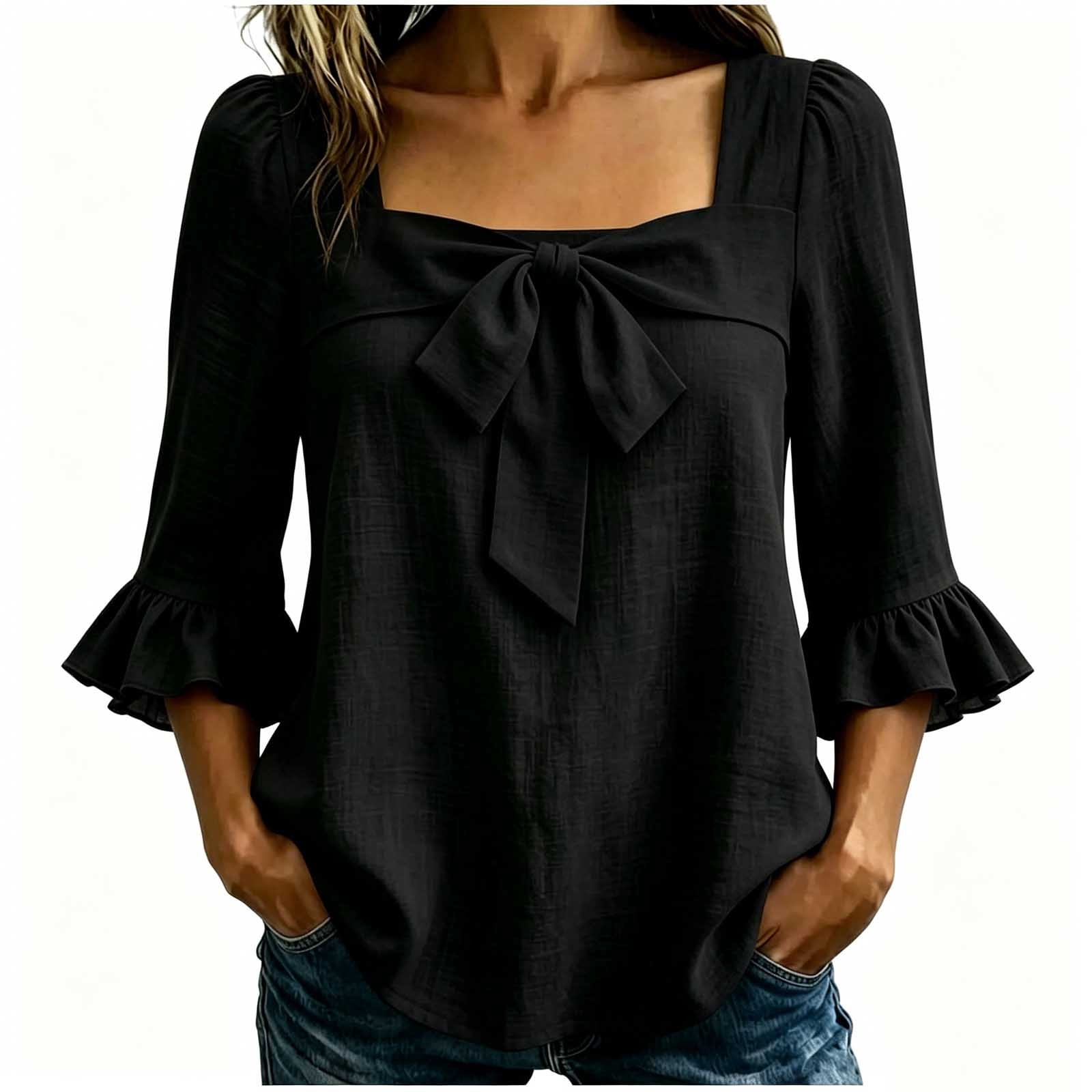 ATOYSOY Summer Blouses For Women Solid Color Geometric Neck Front Bow ...
