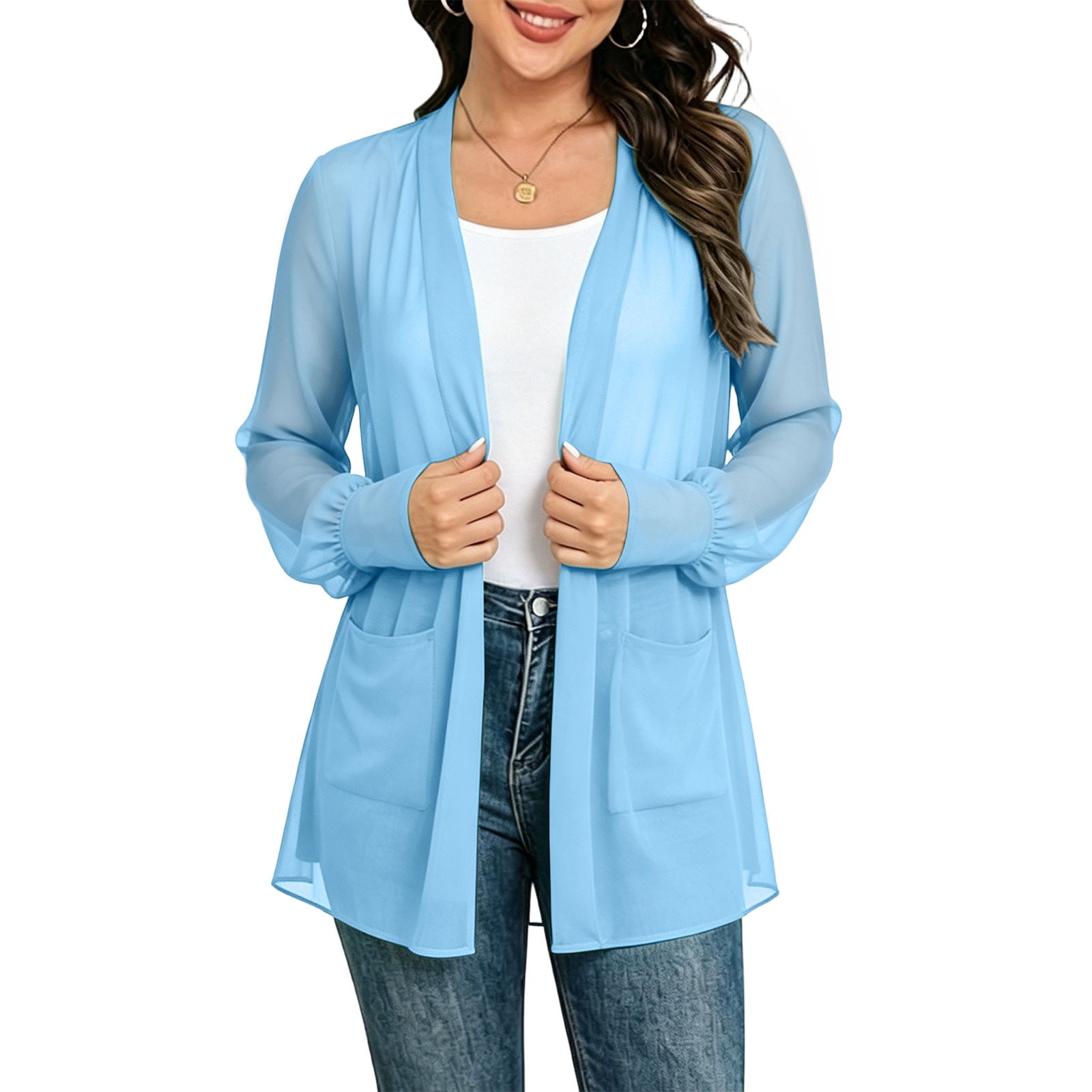 ATOYSOY Summer Blouses For Women Solid Color Open Front Pocket Puff ...