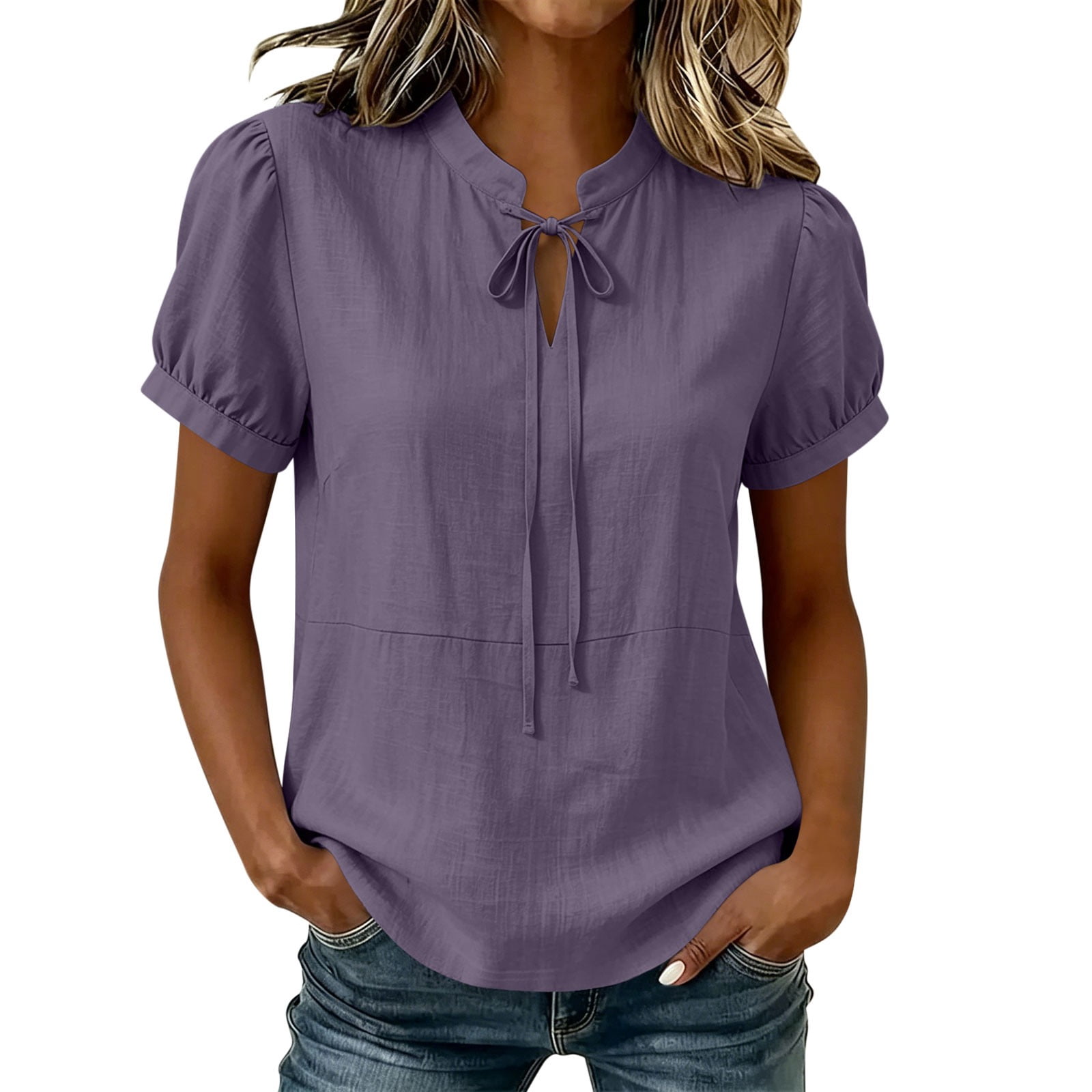 ATOYSOY Summer Tops For Women 2026 Solid Color Mandarin V Neck Front ...