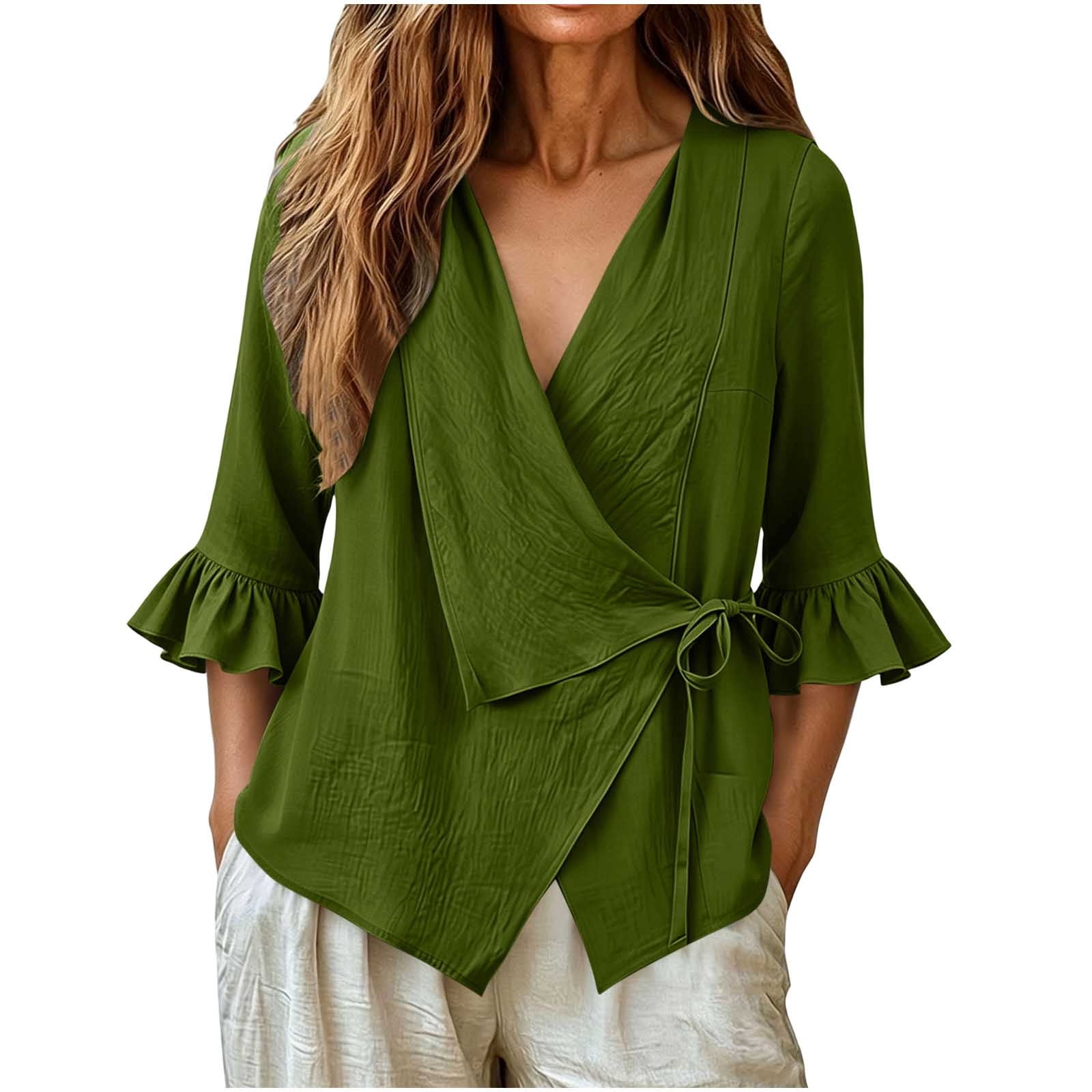 ATOYSOY Summer Tops For Women 2026 Solid Color Wrap V Neck Side Knot ...