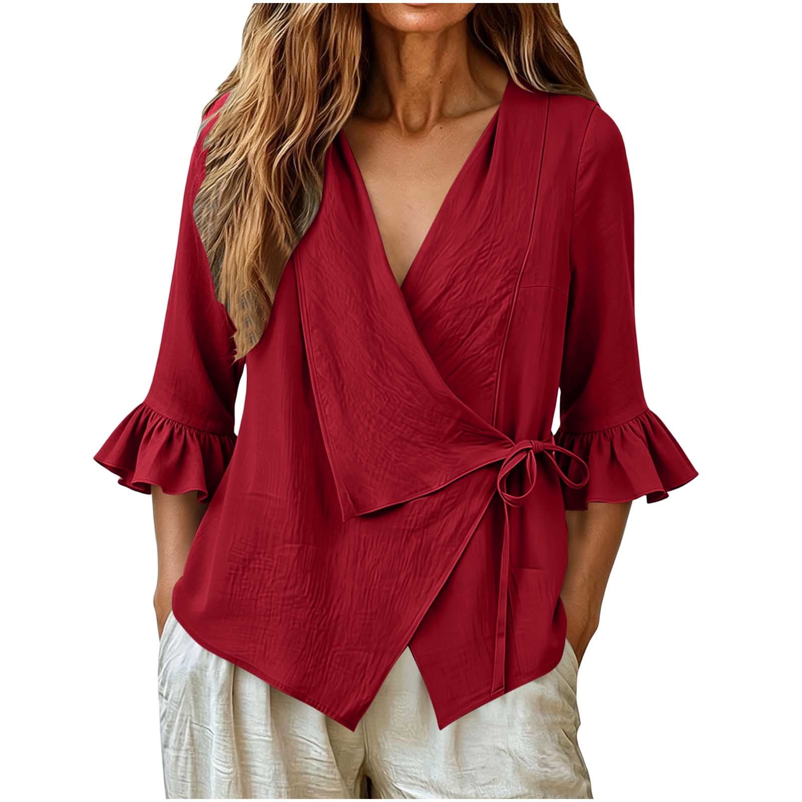 ATOYSOY Summer Tops For Women 2026 Solid Color Wrap V Neck Side Knot ...