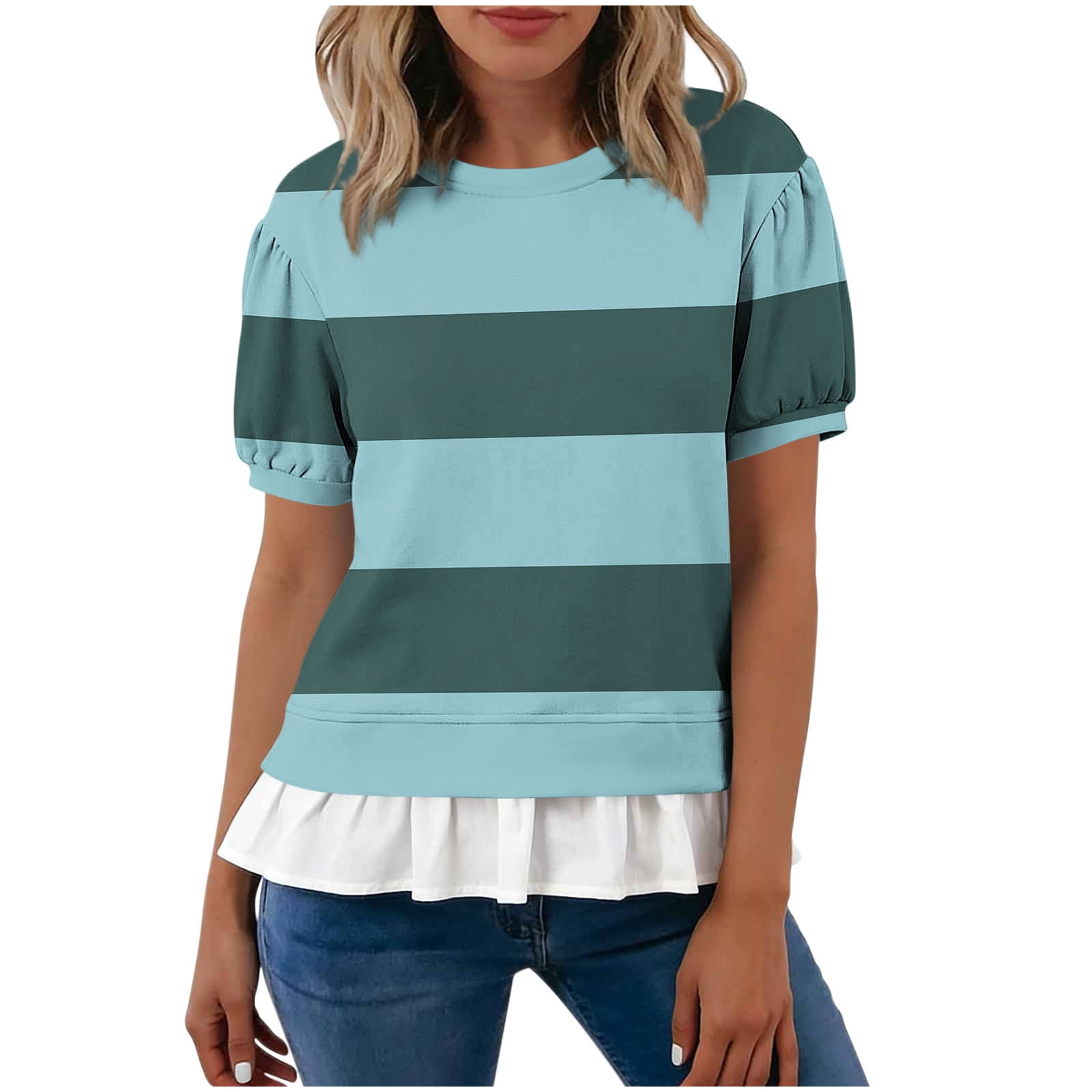 ATOYSOY Trendy Striped Blouses For Women Puff Sleeve Crew Neck Casual ...